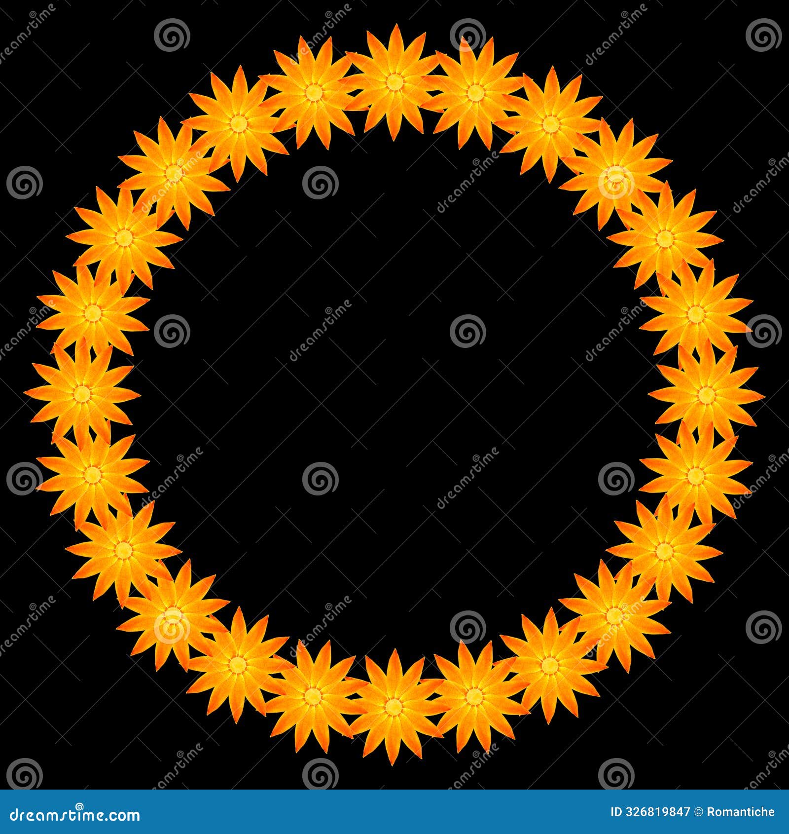 Round Frame Made of Orange Flowers Against Black Stock Illustration ...