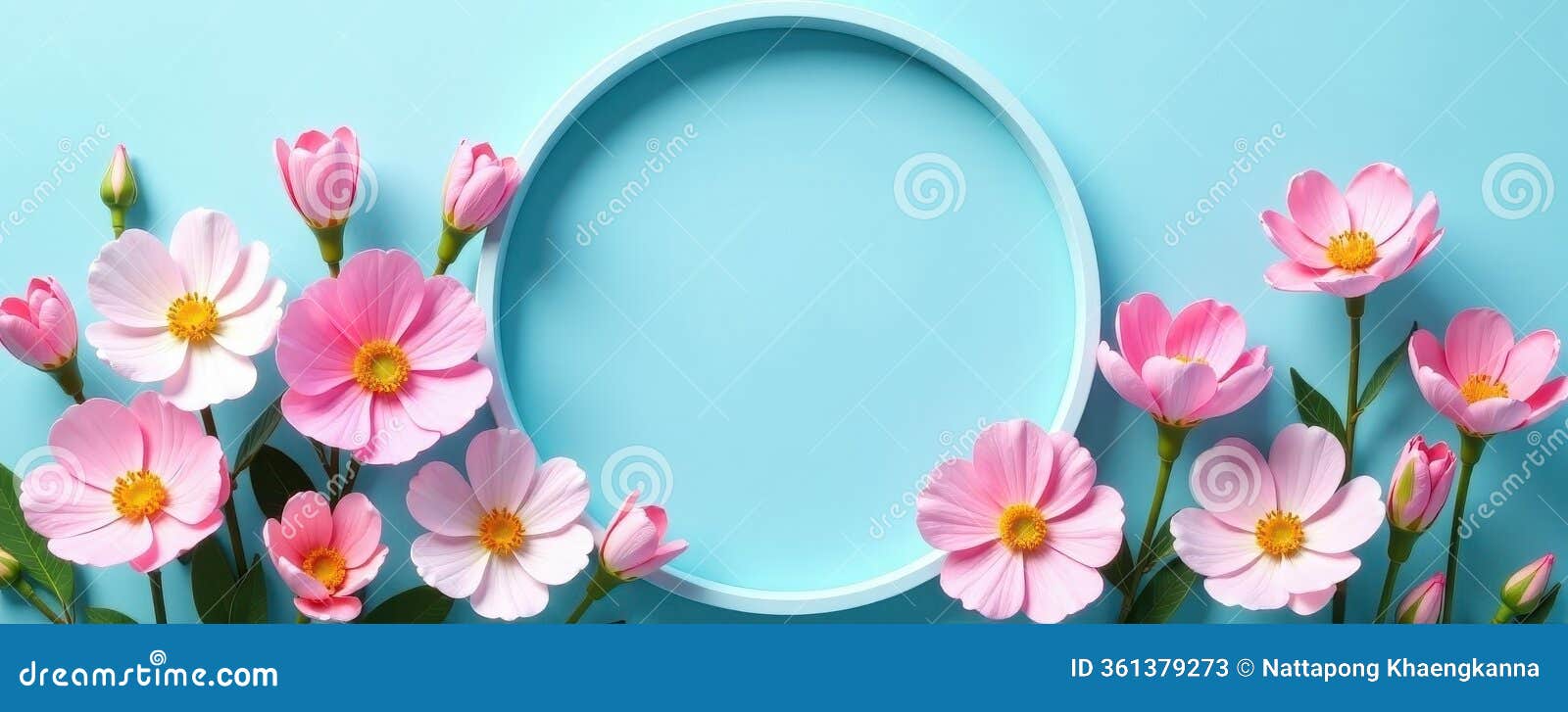 Round Frame Pastel Spring Flowers Blue Background Pastel Template Stock ...