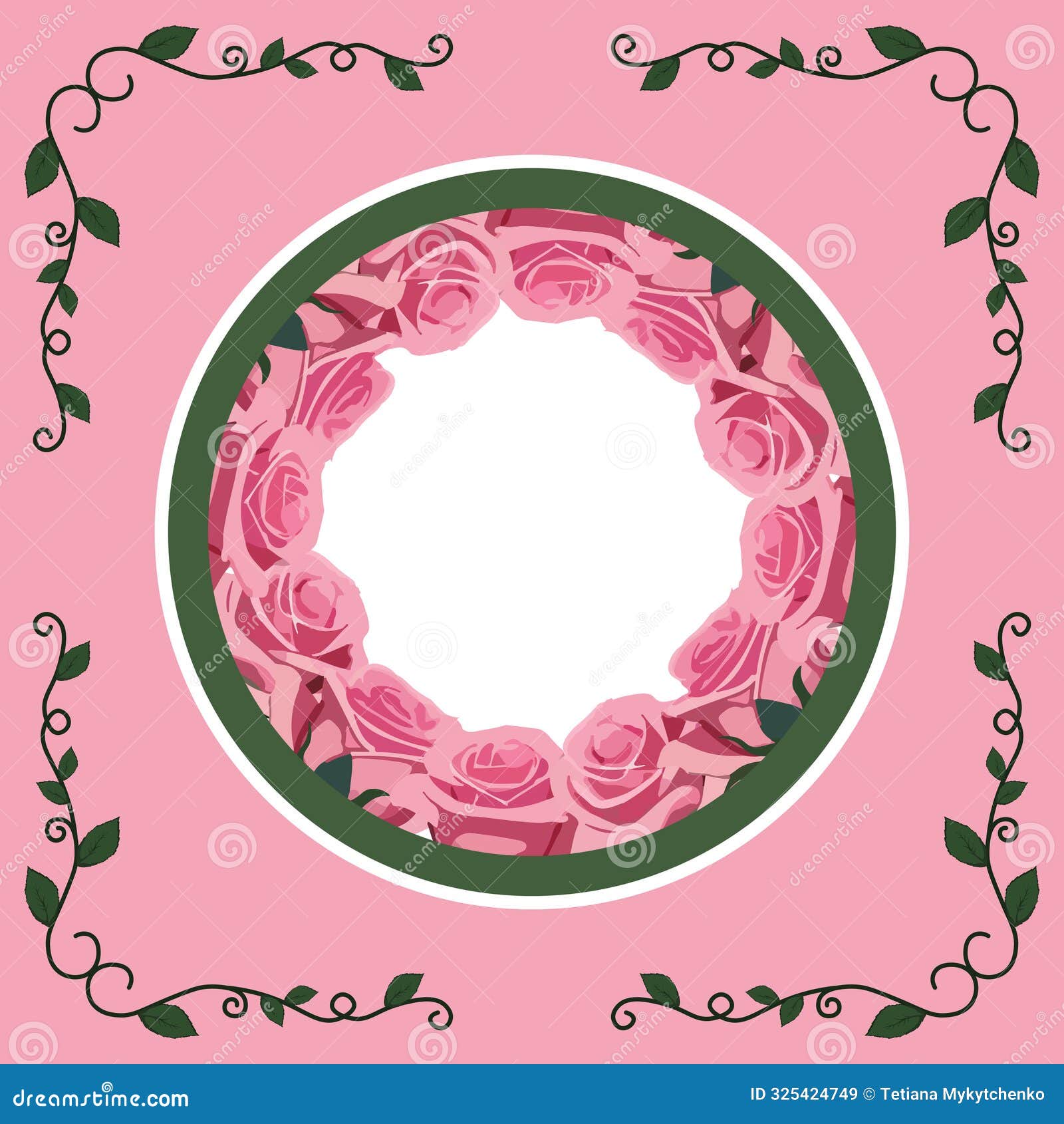 Round Frame with Pink Roses,green Leaves and Curls Stock Vector ...