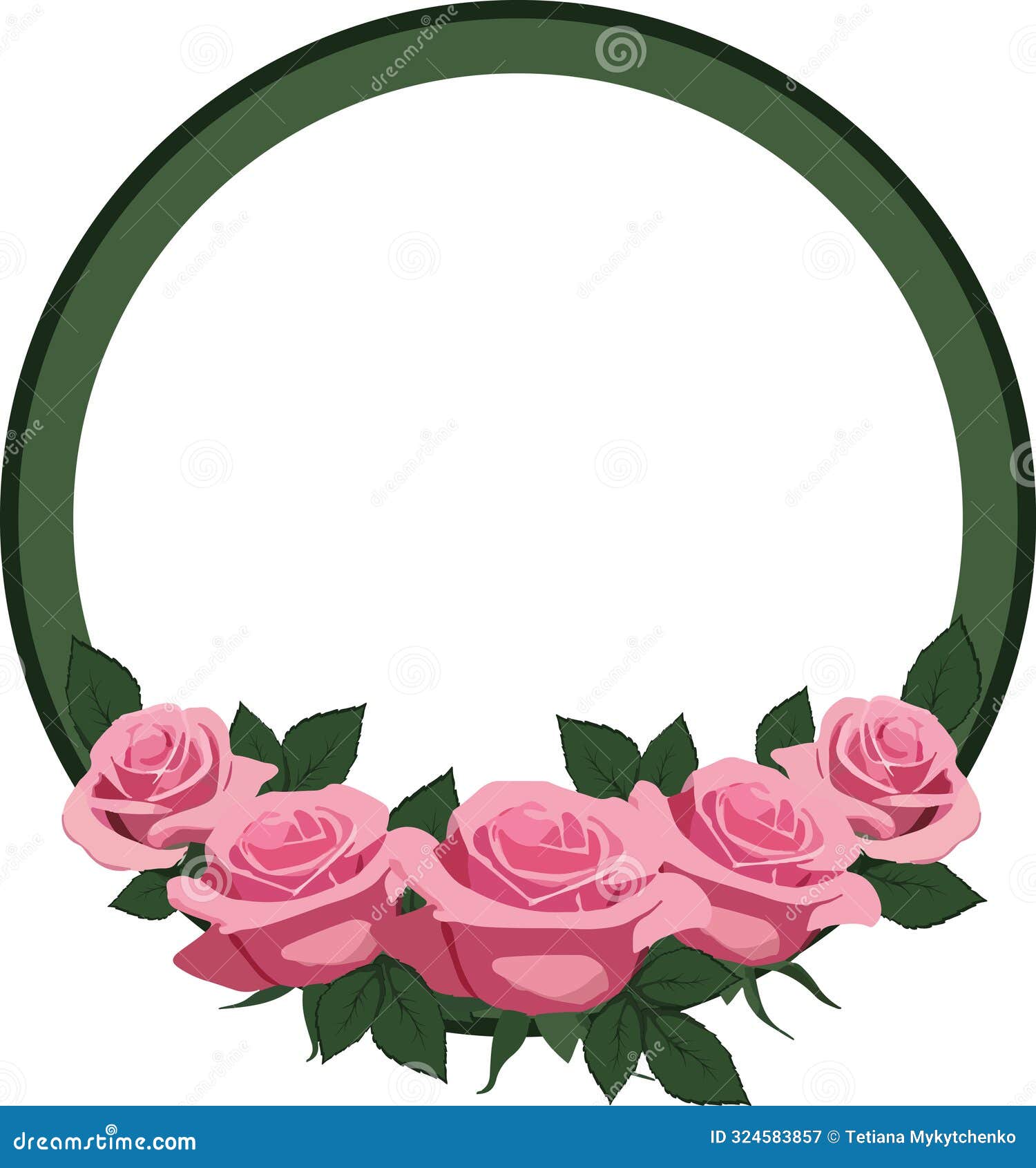 Isolated Round Floral Frame with Pink Roses and Green Leaves Stock ...
