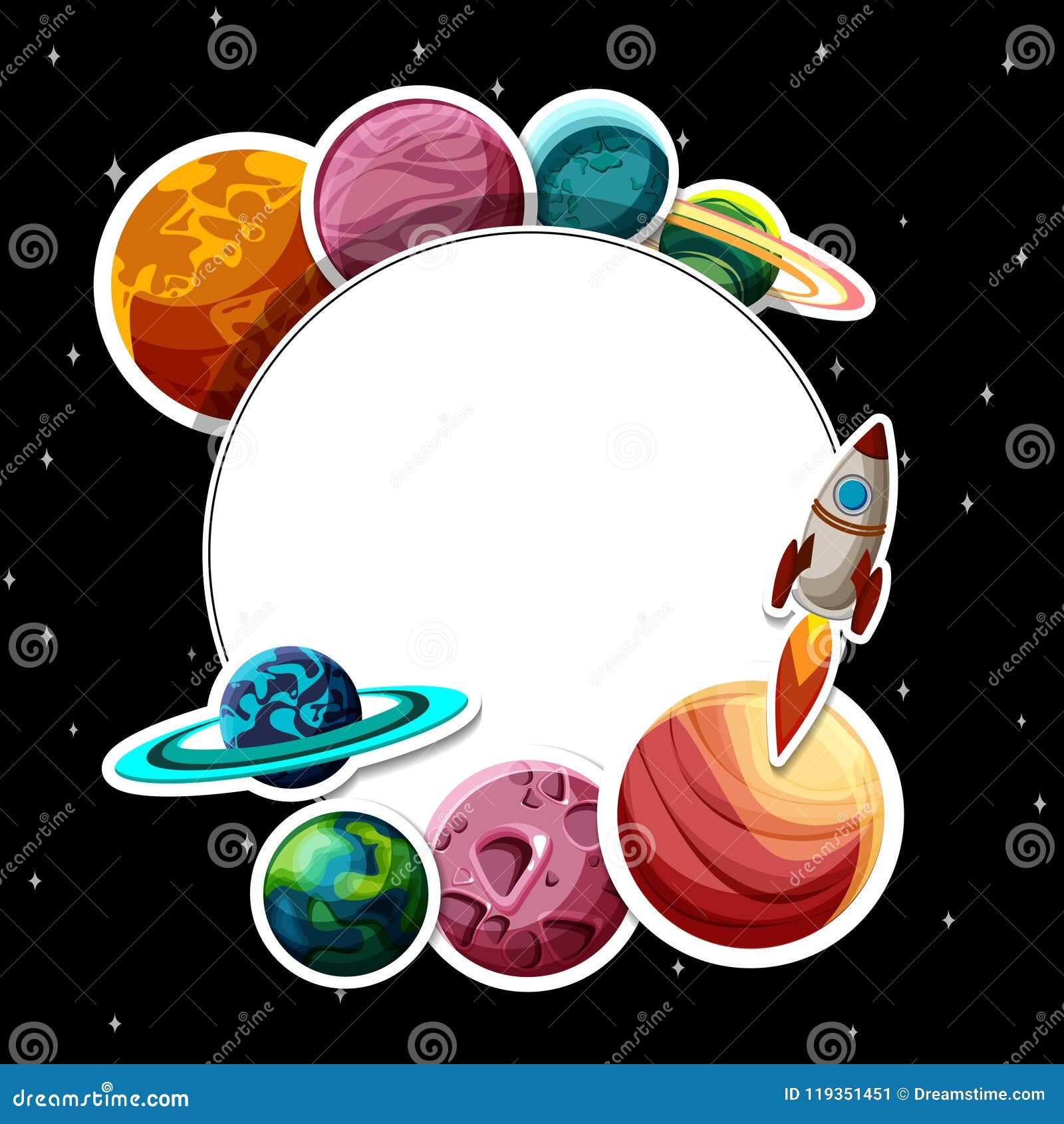 Round Frame with Planets on Black Background. Stock Vector ...