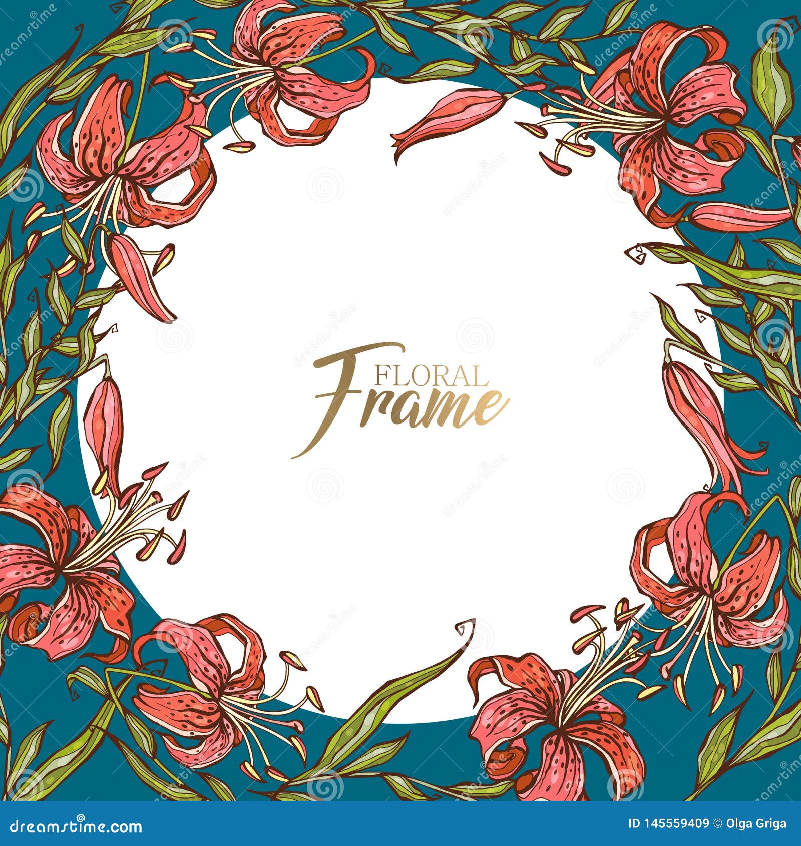 Round Frame Postcard with Tiger Lilies. Vector. Stock Vector ...