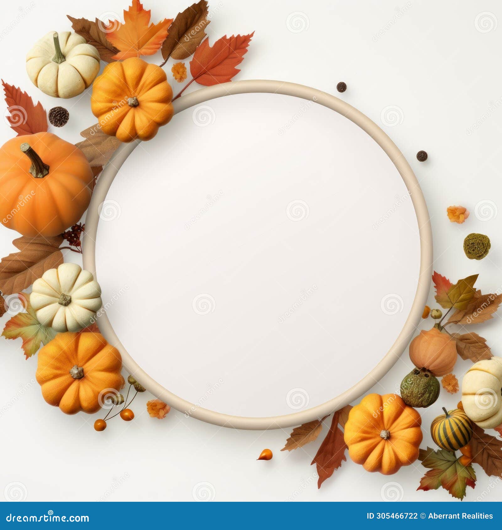 Round Frame with Pumpkins and Autumn Leaves on White Background 3d ...