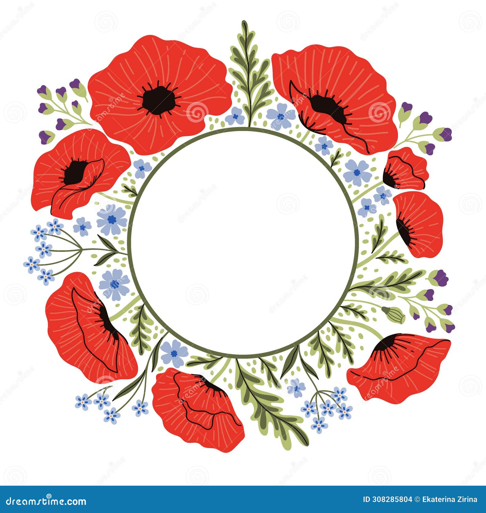 Round Frame with Red Poppies and Other Flowers on a White Background ...