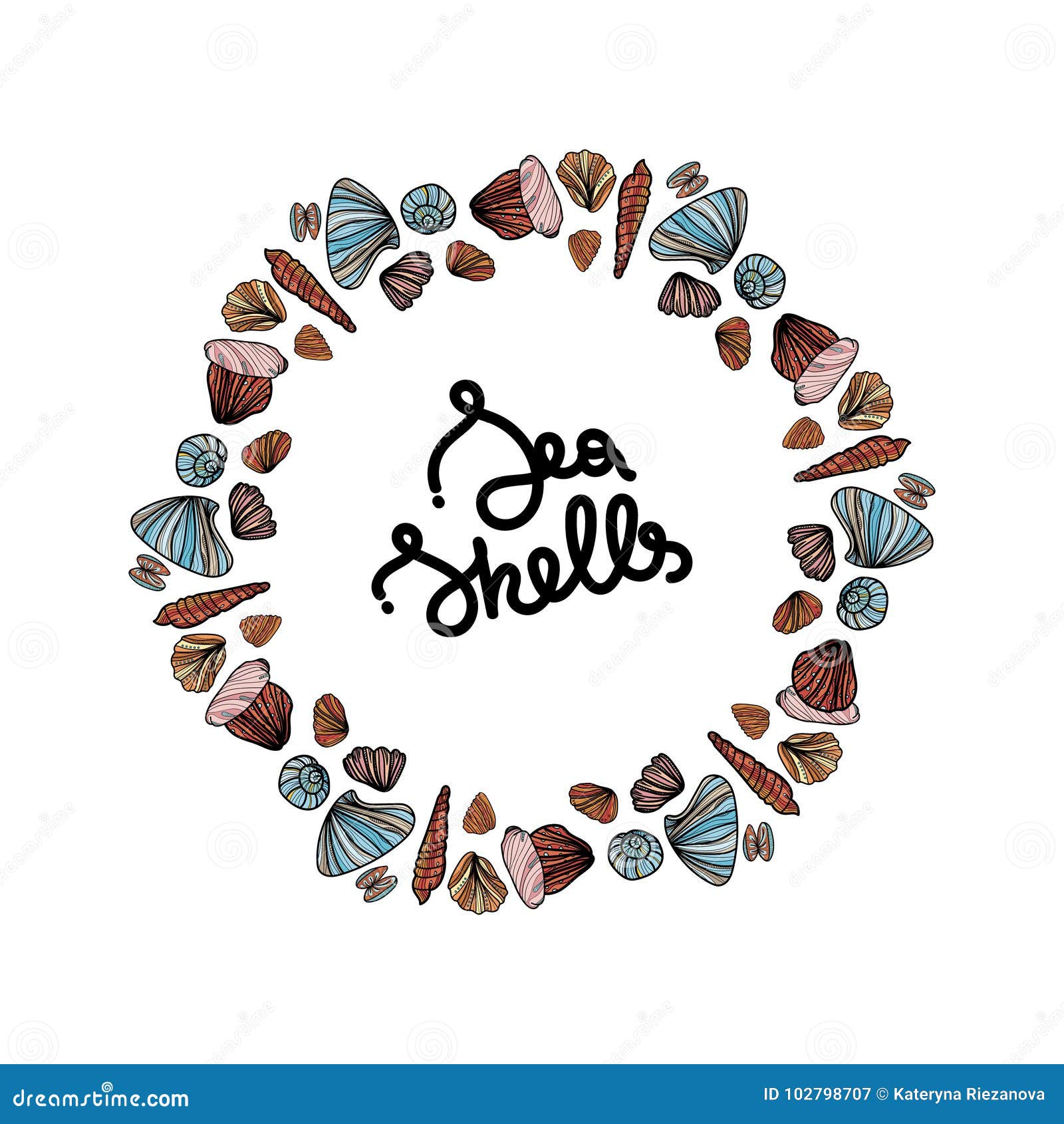 Round frame of sea shells. stock vector. Illustration of design - 102798707