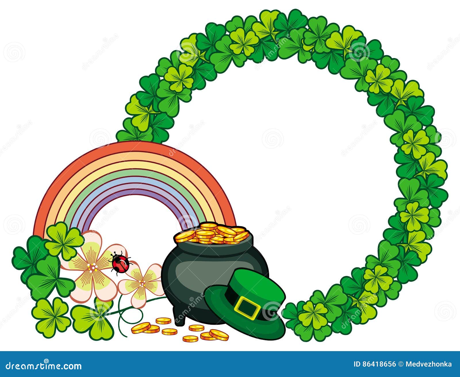 Round Frame with Shamrock and Leprechaun Pot of Gold. Raster Clip Art ...