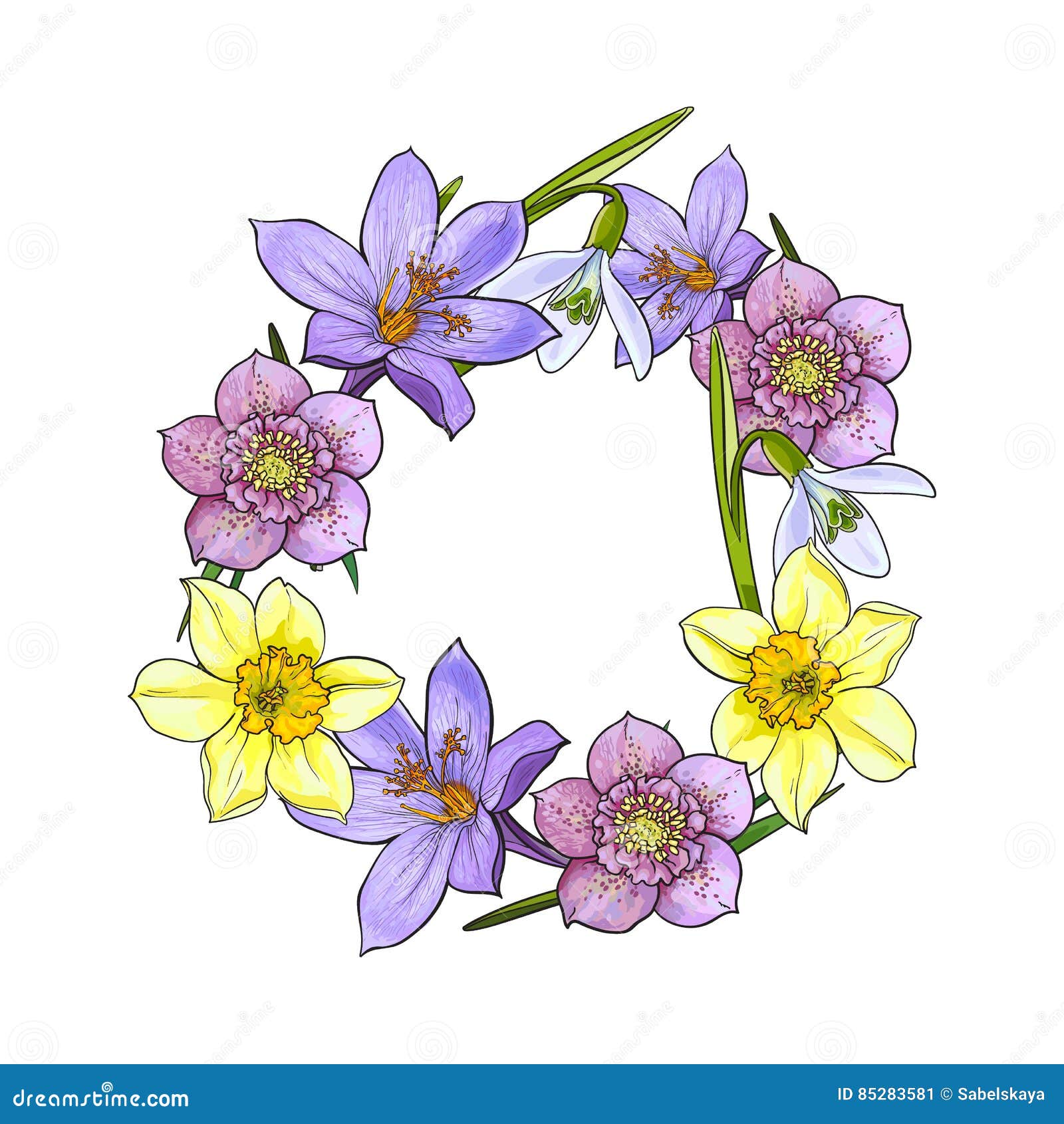 Round Frame of Spring Flowers, Decoration Element, Sketch Vector ...