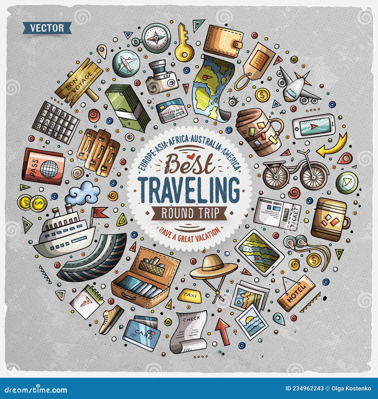Round Frame Travel Cartoon Objects, Symbols and Items Stock Vector ...