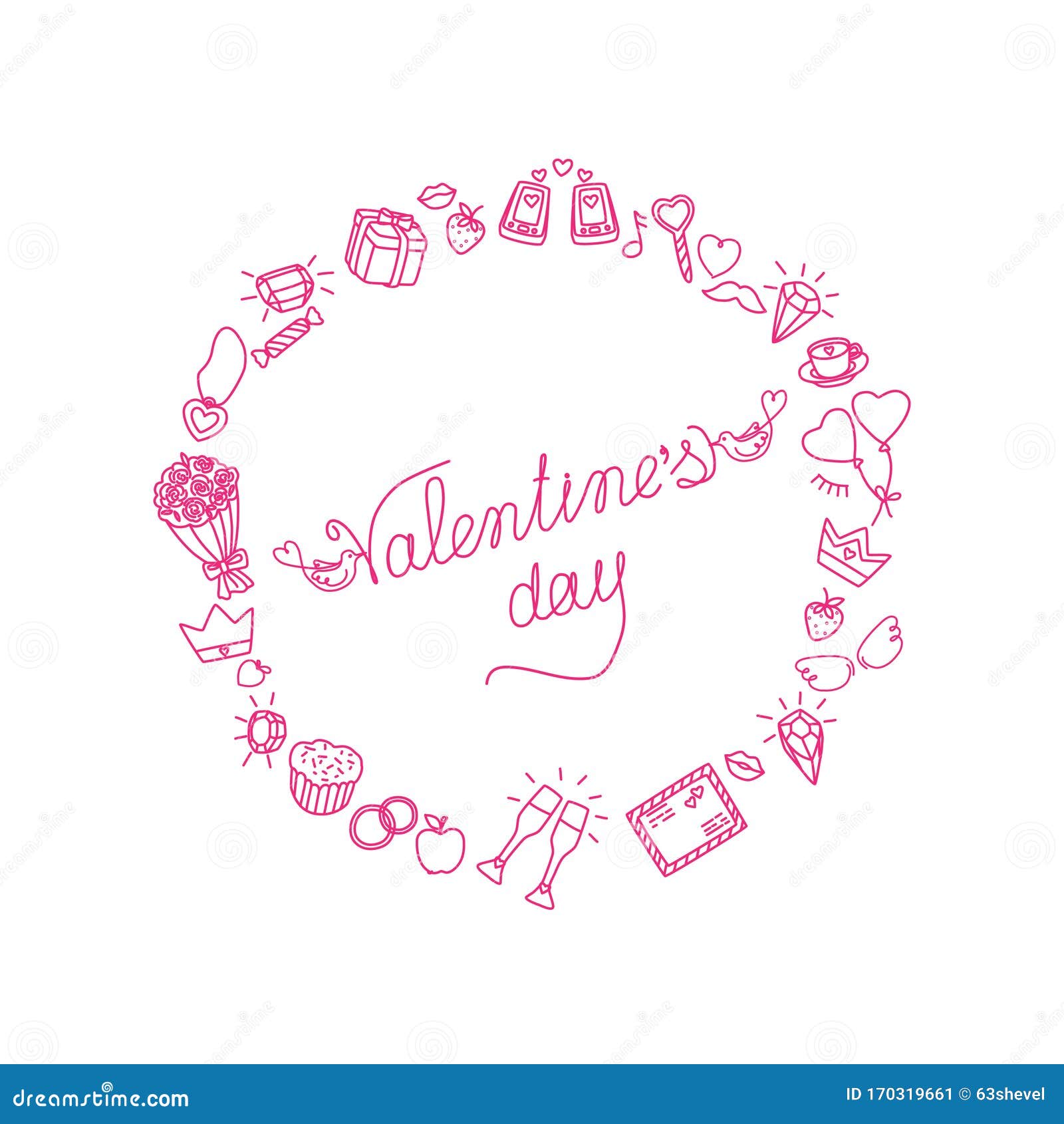 Round Frame for Valentine`s Day. Linear Hand Drawing. Isolated Vector ...