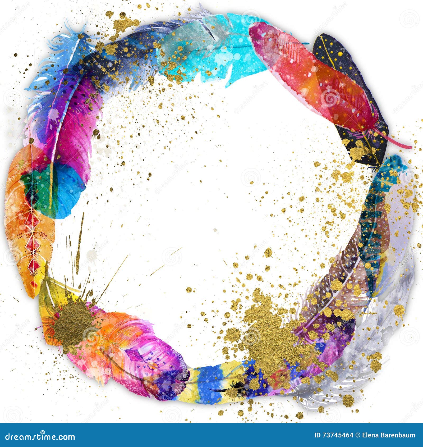 Watercolor Boho Feather Round Frame. Vector Illustration ...