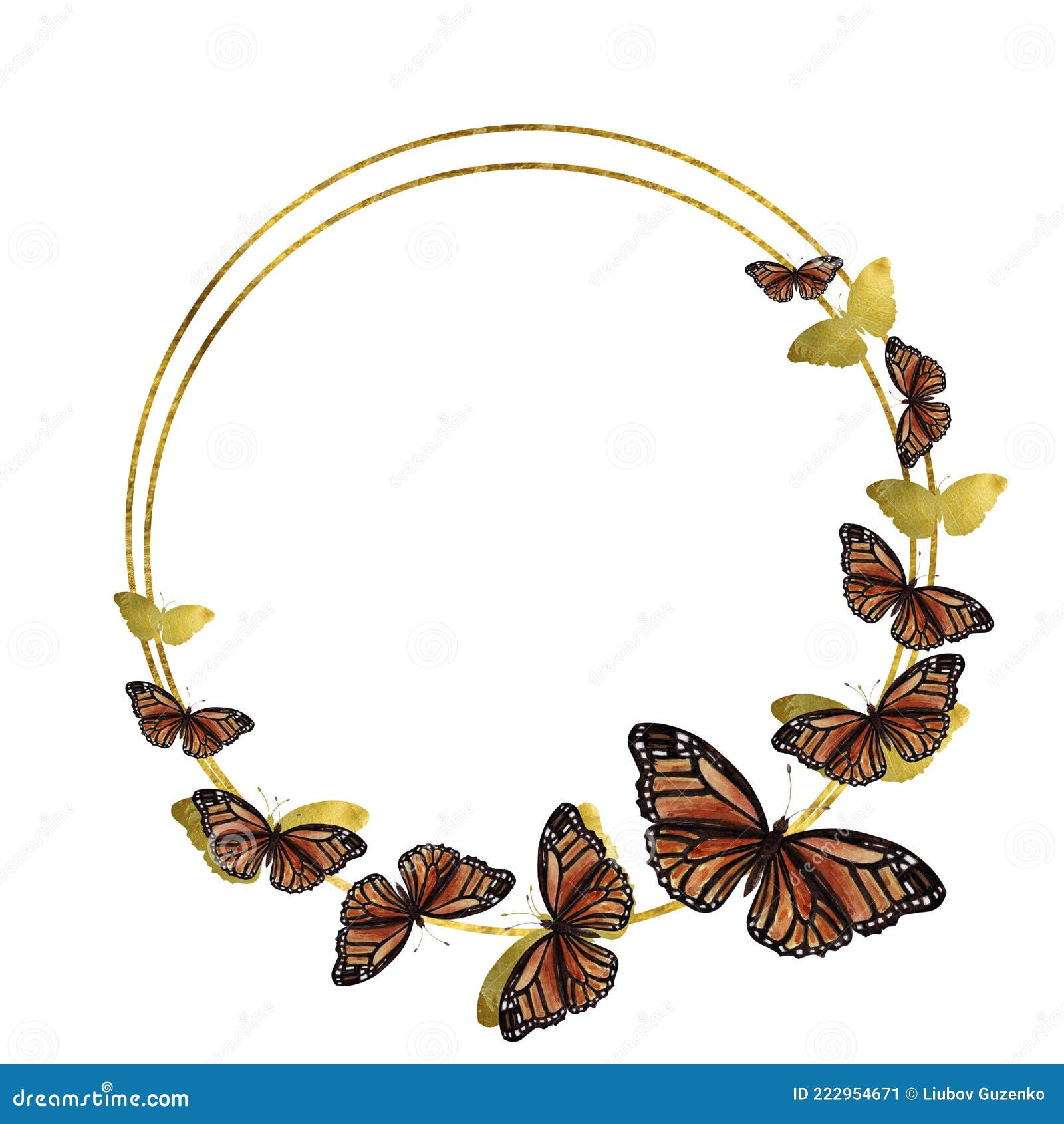 Round Frame with Watercolor Orange Butterflies Stock Illustration ...
