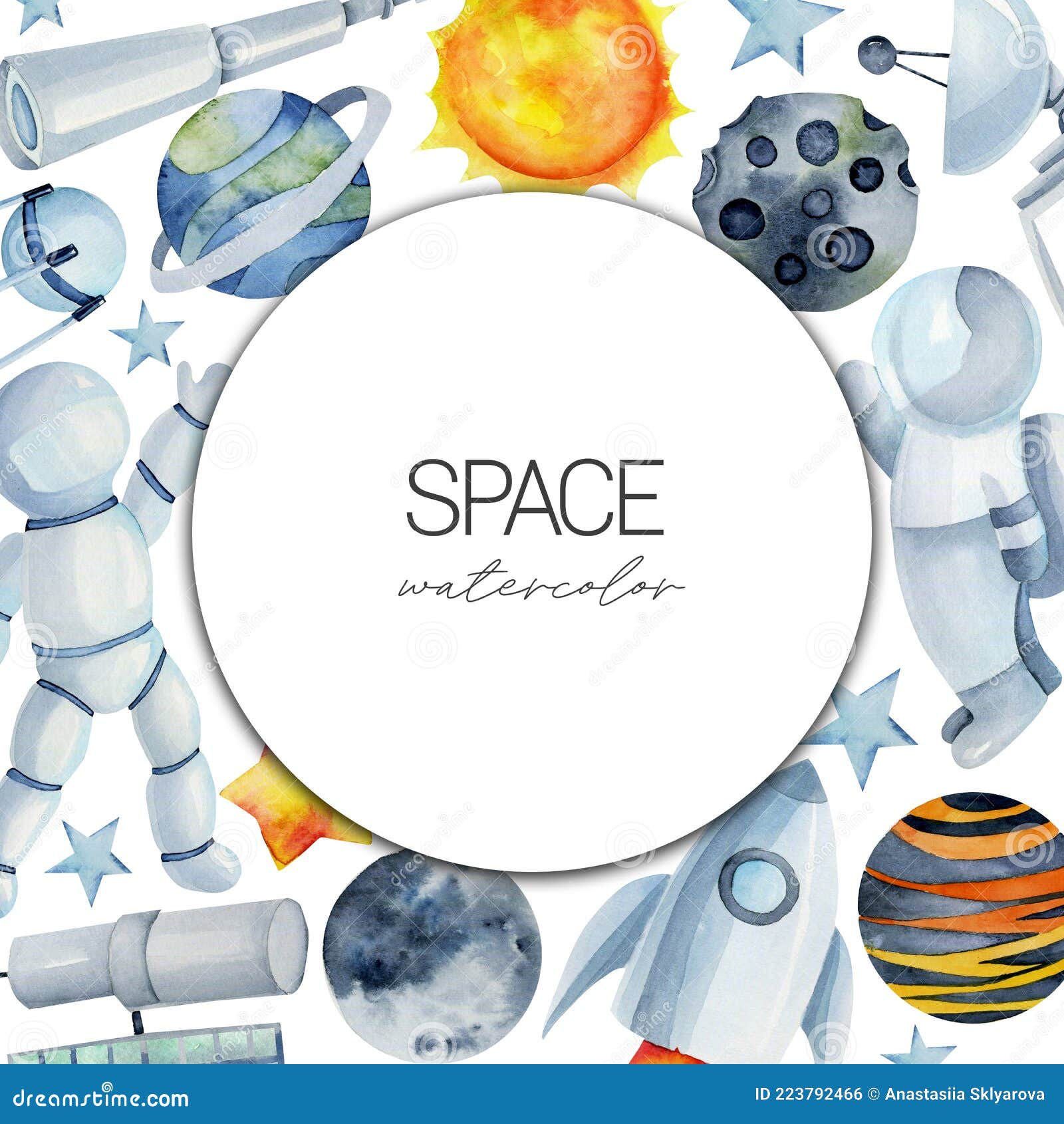 Round Frame of Watercolor Space Elements Astronaut, Rocket, Satellite ...