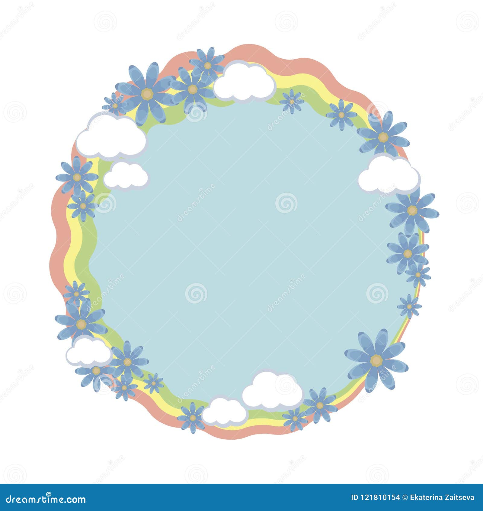 Round Frame Wreath Rainbow Stripes with Composition of Blue Flowers and ...