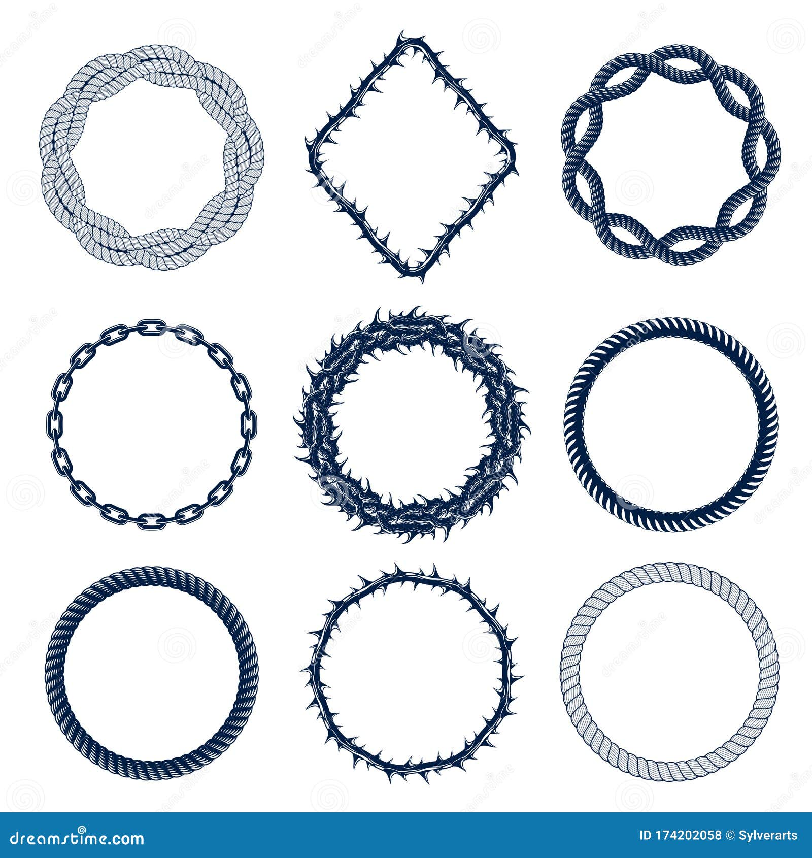 Round Frames from Chain Thorn and Rope, Vector Design Elements Set ...