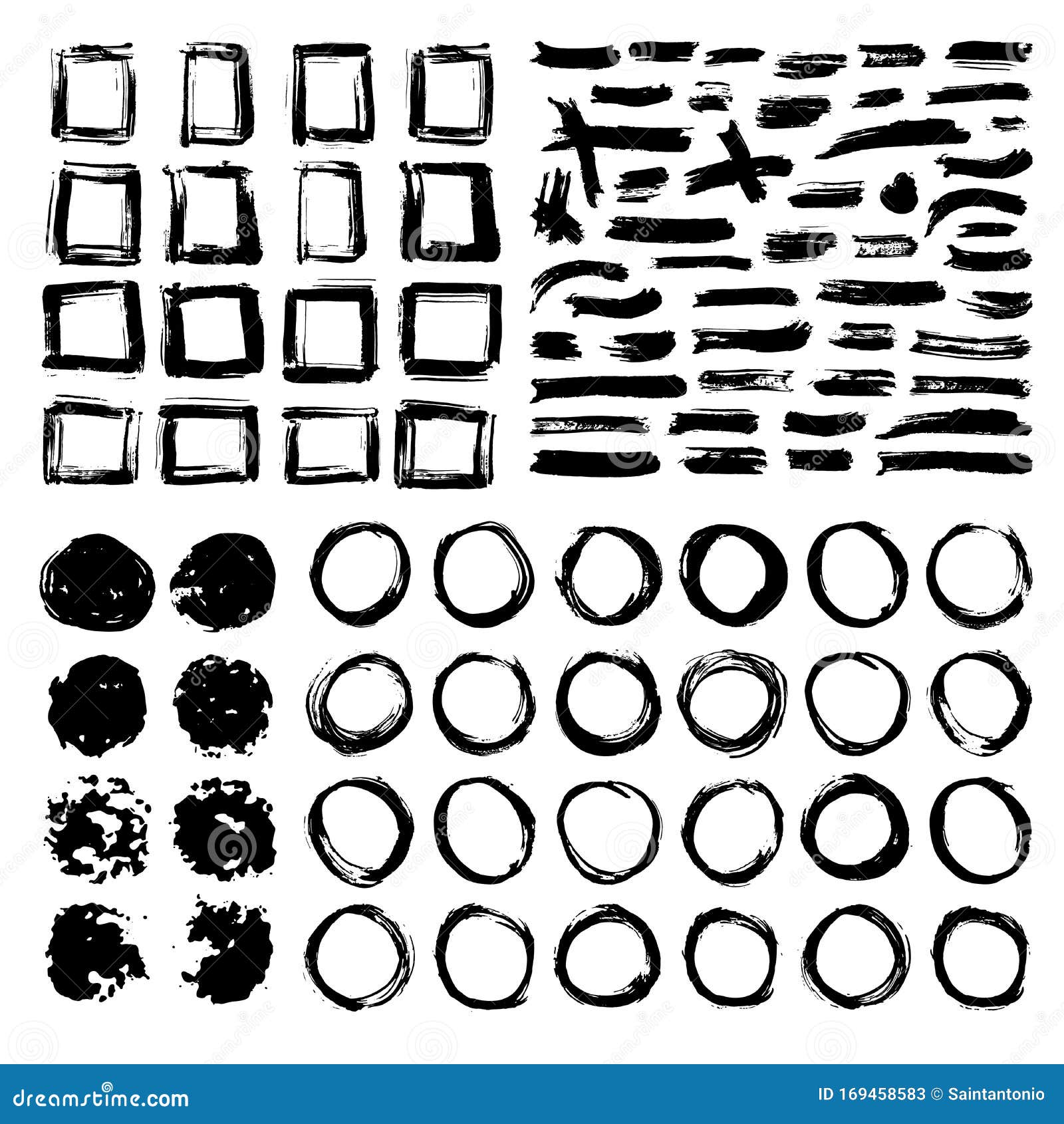 Round Frames, Text Boxes and Brush Strokes, Grunge Textured Hand Drawn ...