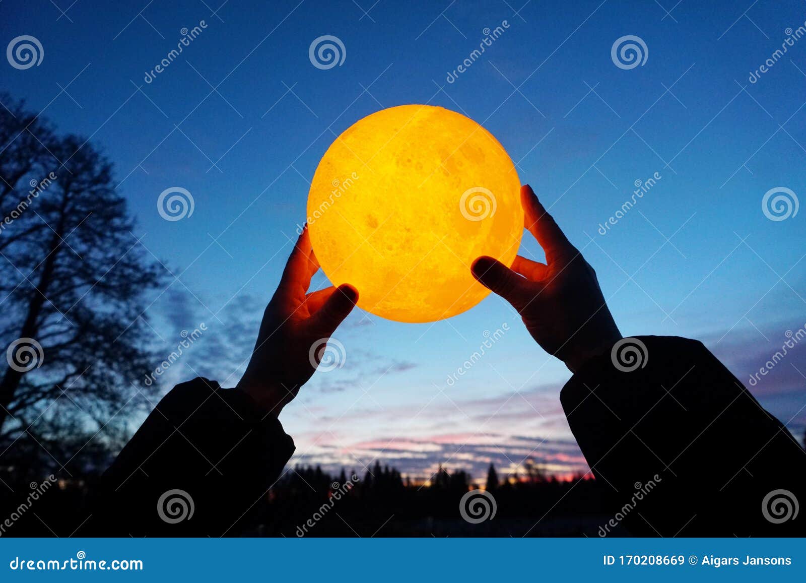 Round Full Moon in Hands Against Evening Sky Stock Image - Image of ...