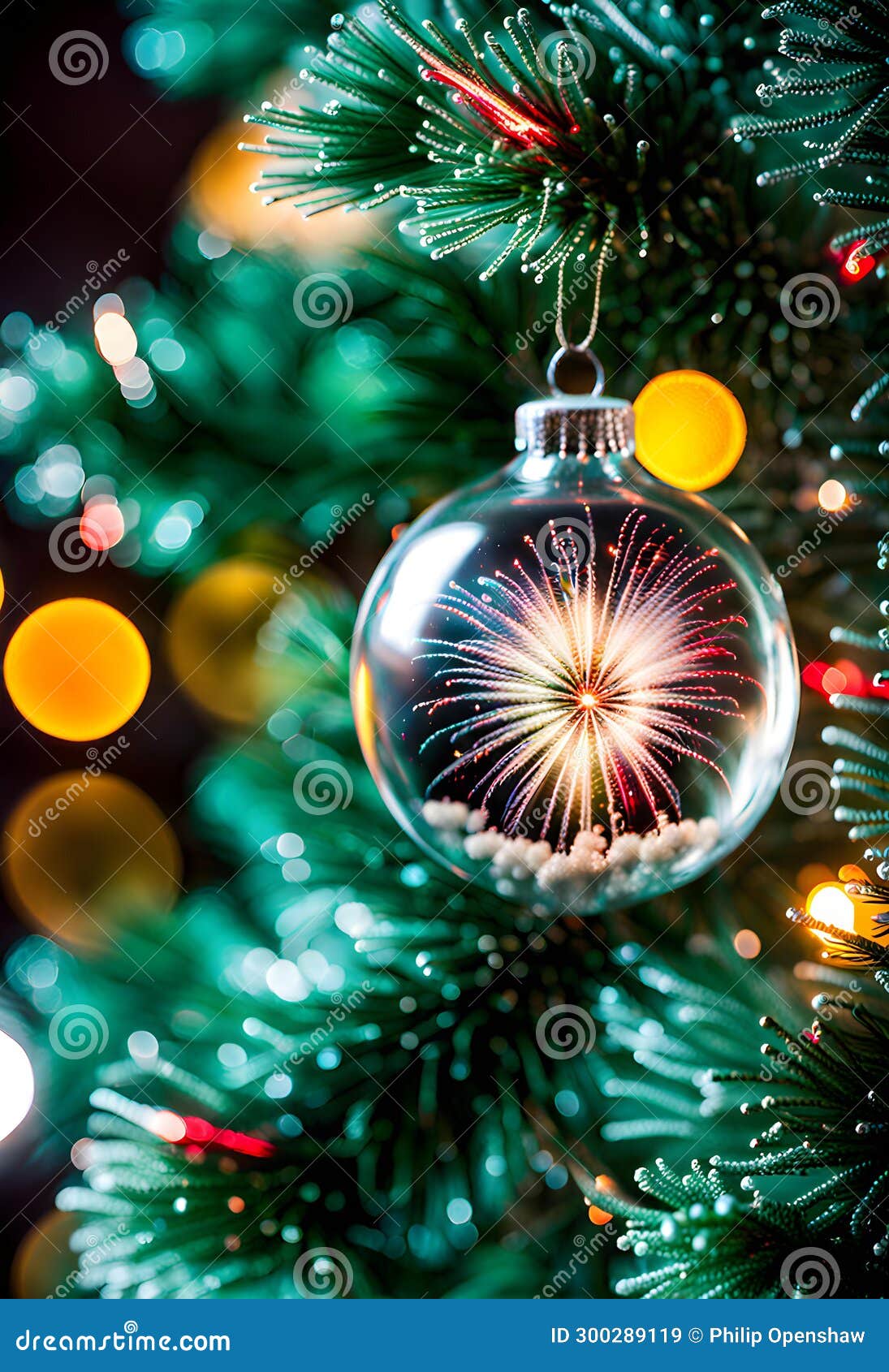 Glass Christmas Ornament Hanging on a Tree with Exploding Firework ...