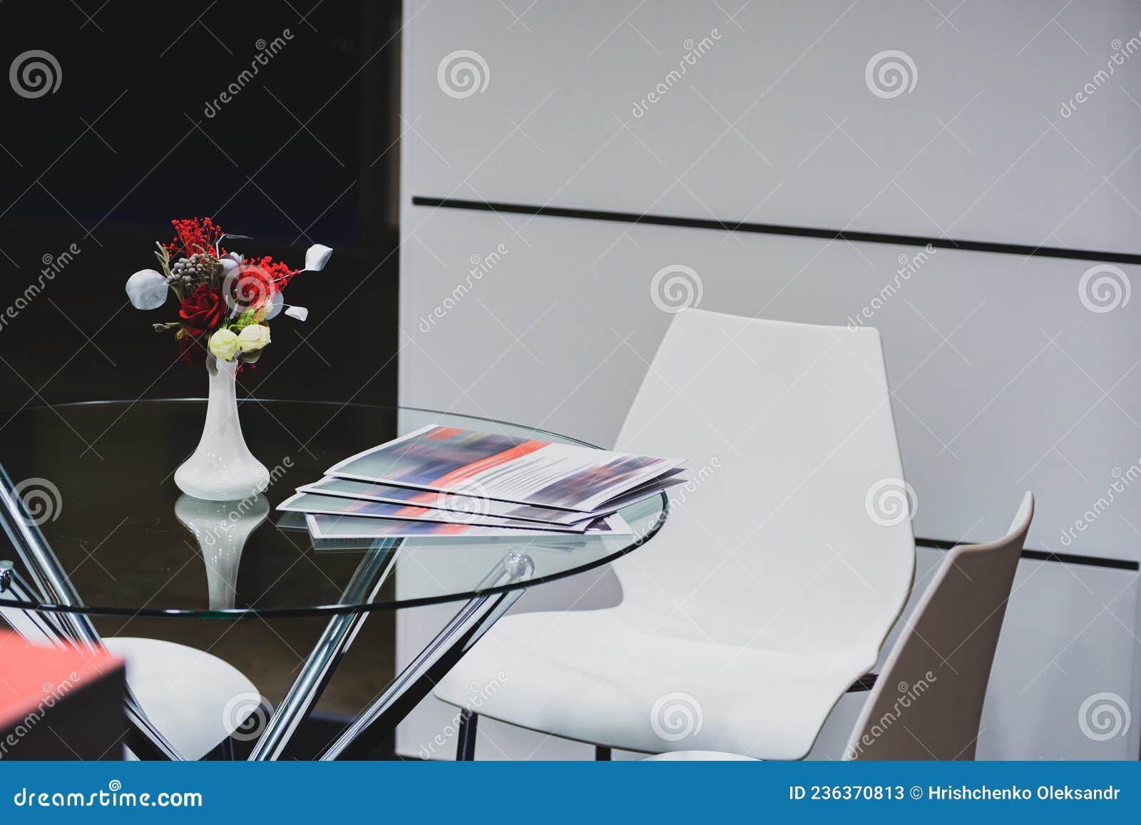 Round Glass Conference Table with White Chairs Stock Image - Image of ...