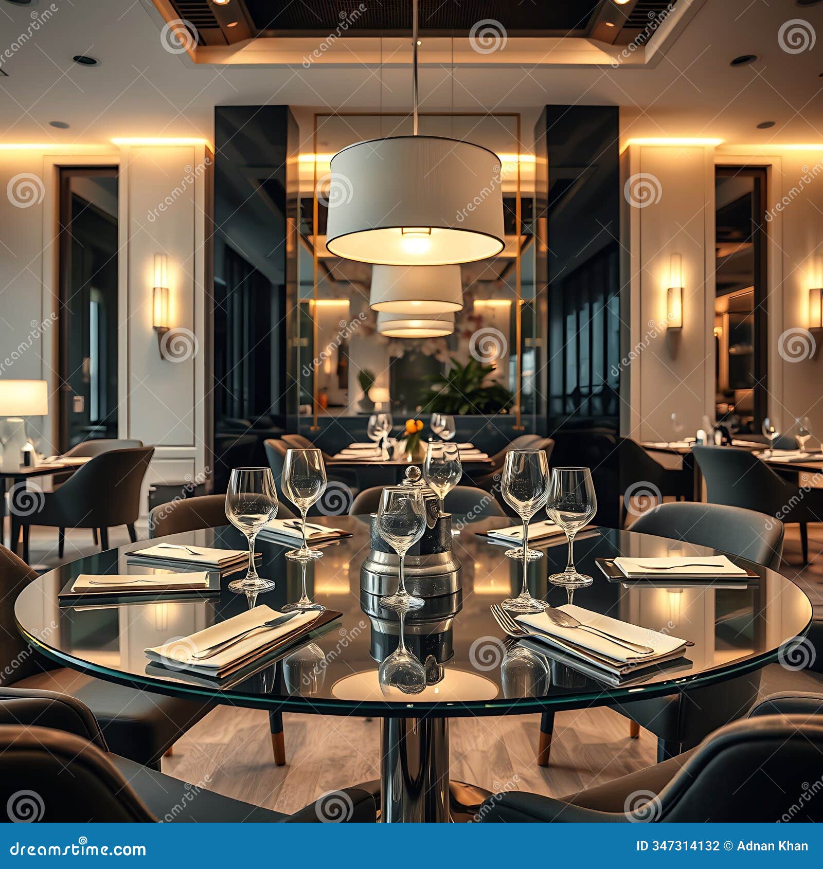 A Round Glass Dining Table Set in an Elegant High End Restaurant with ...