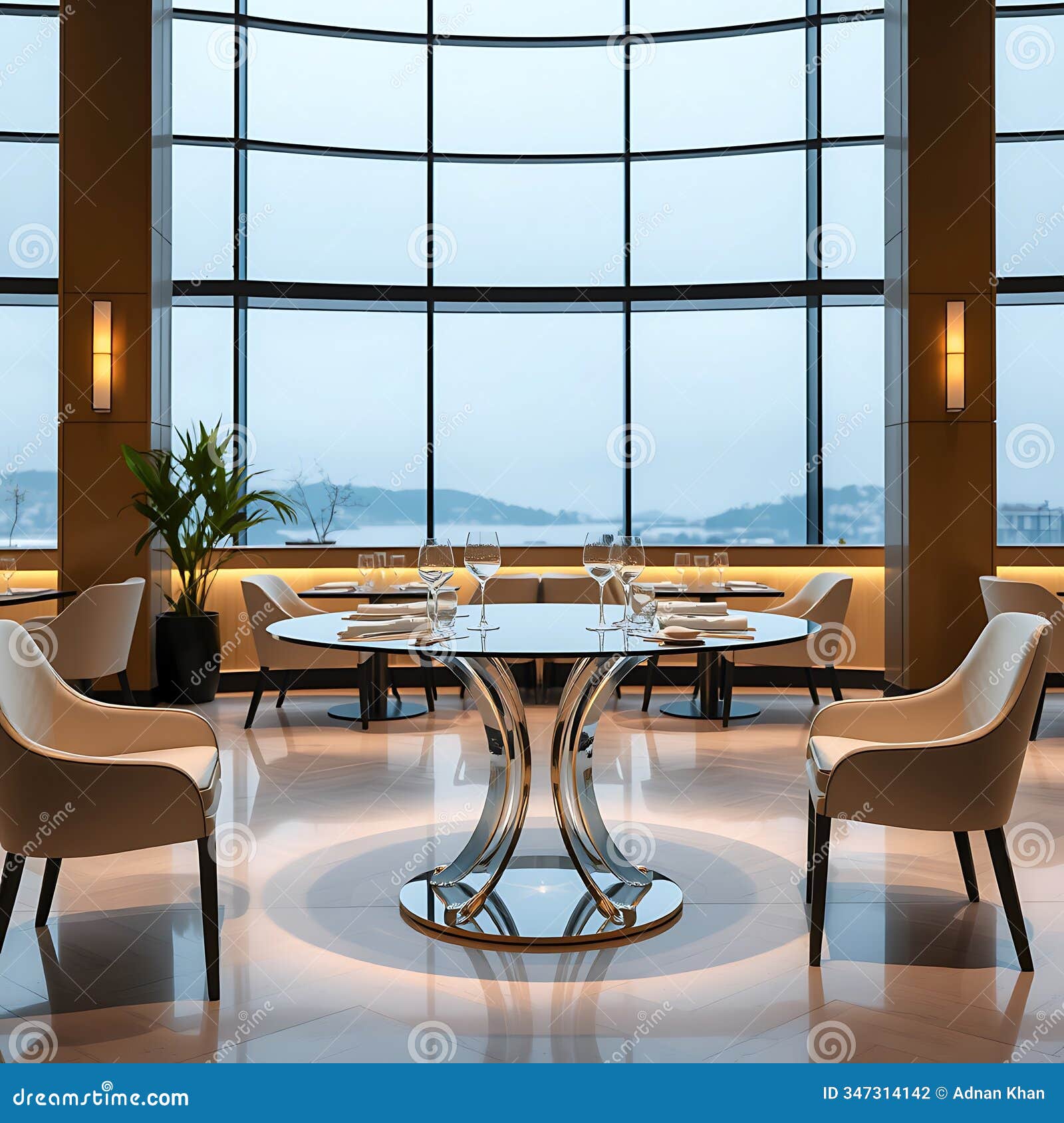 A Round Glass Dining Table Set in an Elegant High End Restaurant with ...