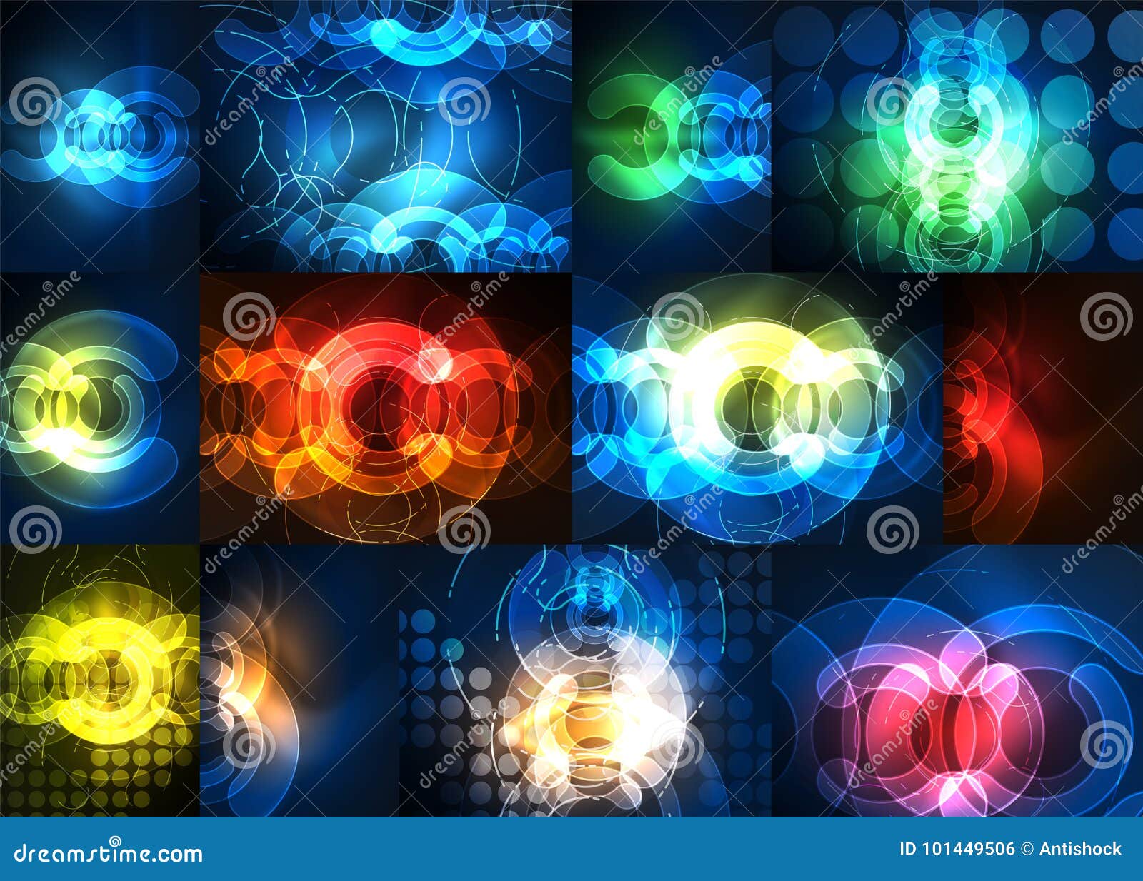 Round Glowing Elements on Dark Space, Abstract Background Set Stock ...