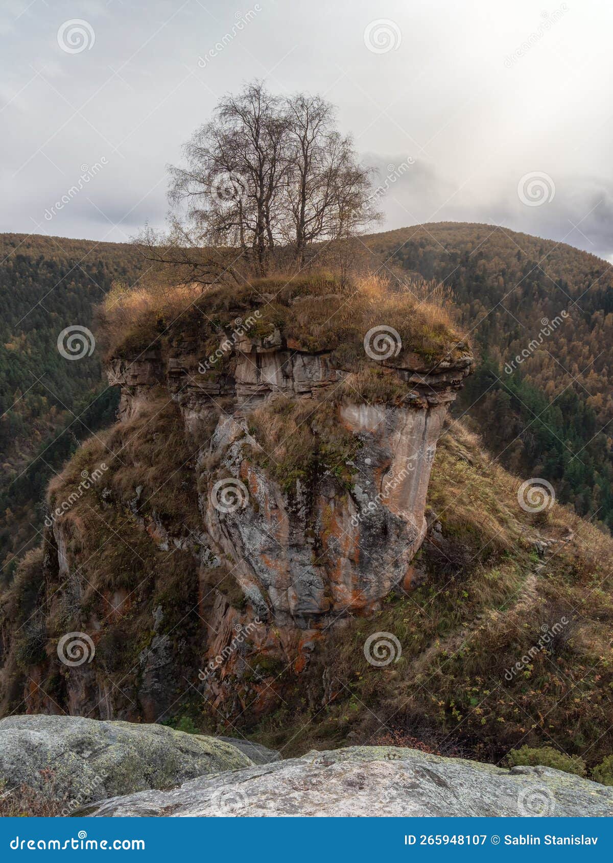 Round Granite Rock. Round Mountain. High Slope, Cliff. Distant Mountain ...