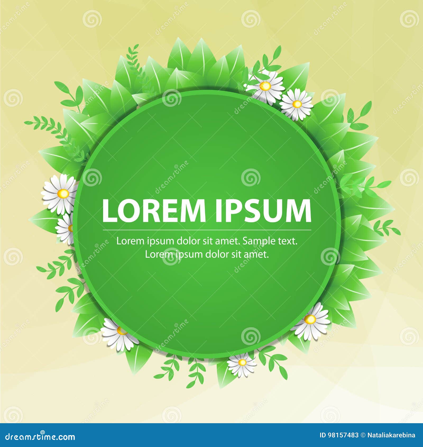 Round Green Frame with Flowers and Leaves on a Yellow Background Stock ...