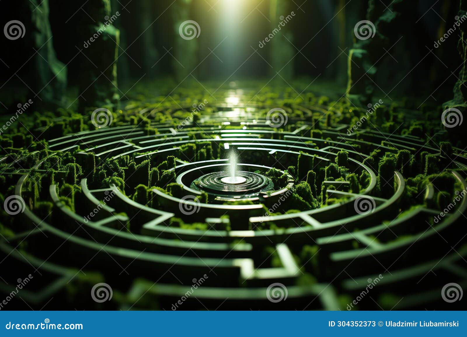 Round Green Labyrinth in Nature with a Light Source in the Center ...