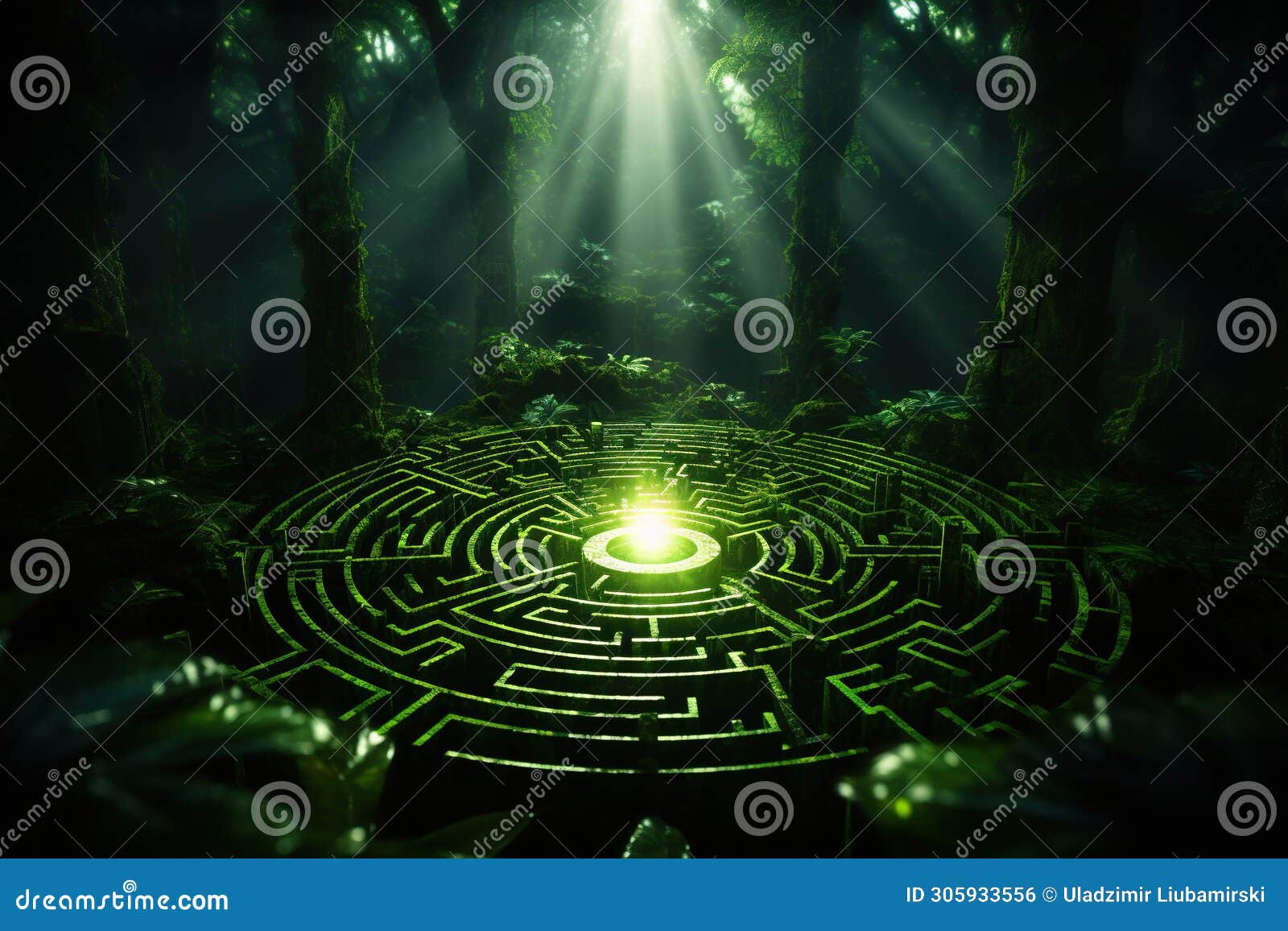 Round Green Labyrinth in Nature with a Light Source in the Center ...