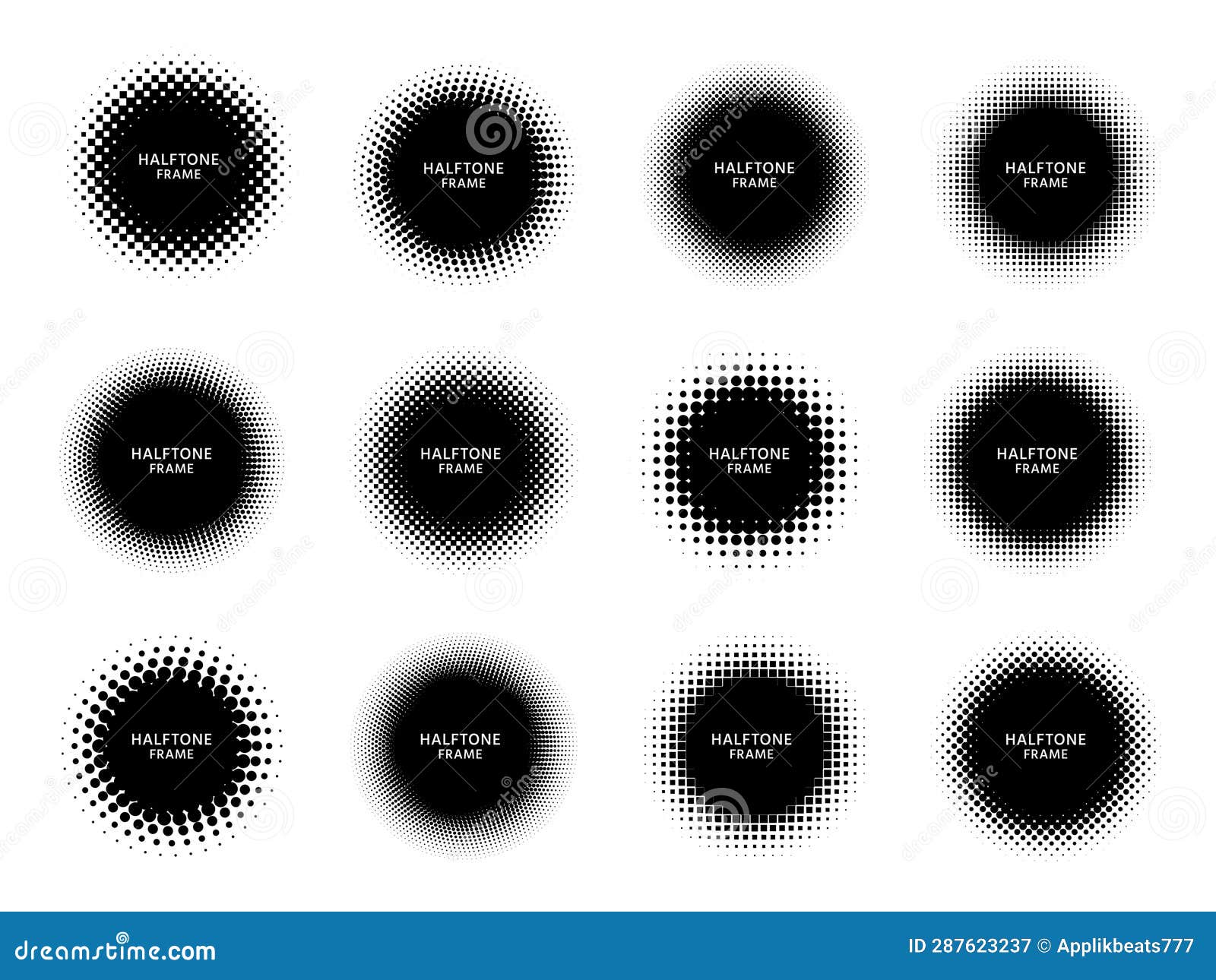 Round Halftone Shape Frames. Black Circles with Dotted Texture, Dots ...