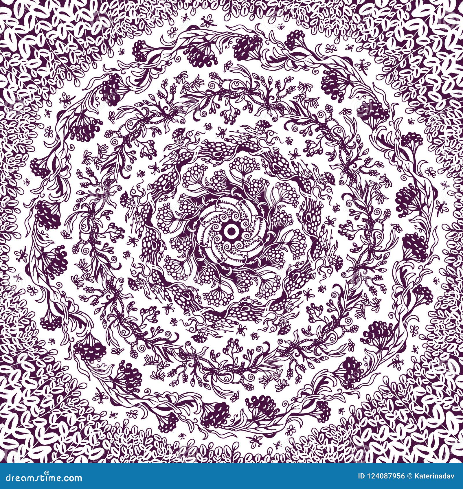 A Round Hand-drawn Floral Pattern, Monochrome Vector Background Stock ...