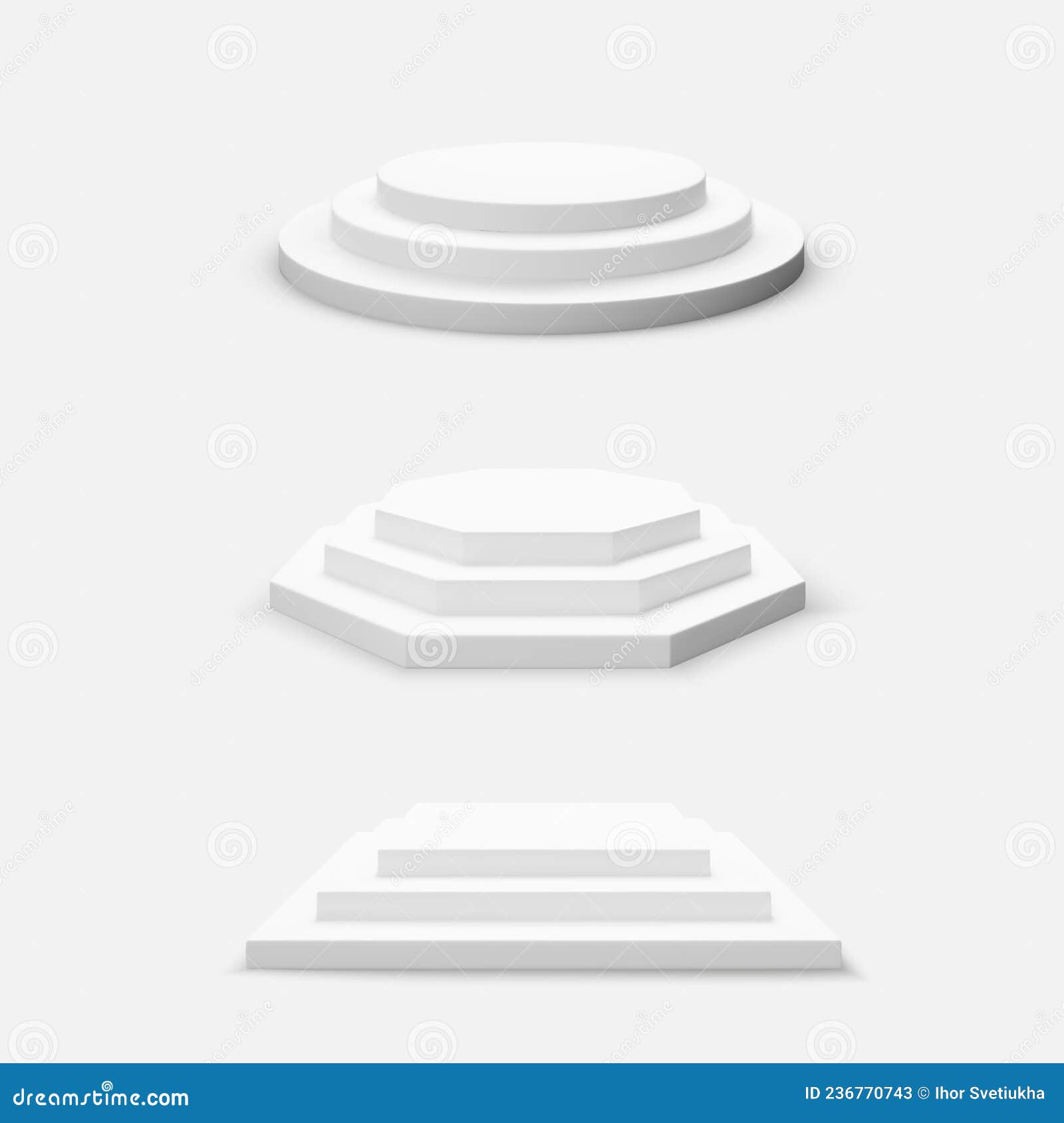 Round Hexagonal And Square Stage Collection. Set Of Empty Podiums ...
