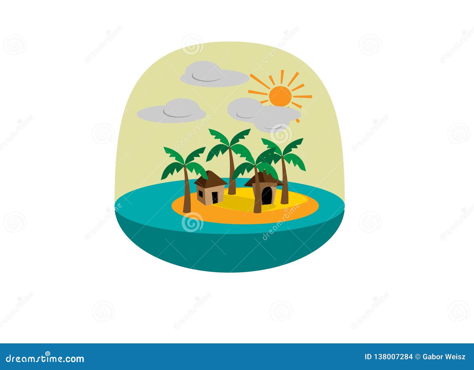 Round Icon of a Remote Island with Palm Trees and Shacks Stock Vector ...