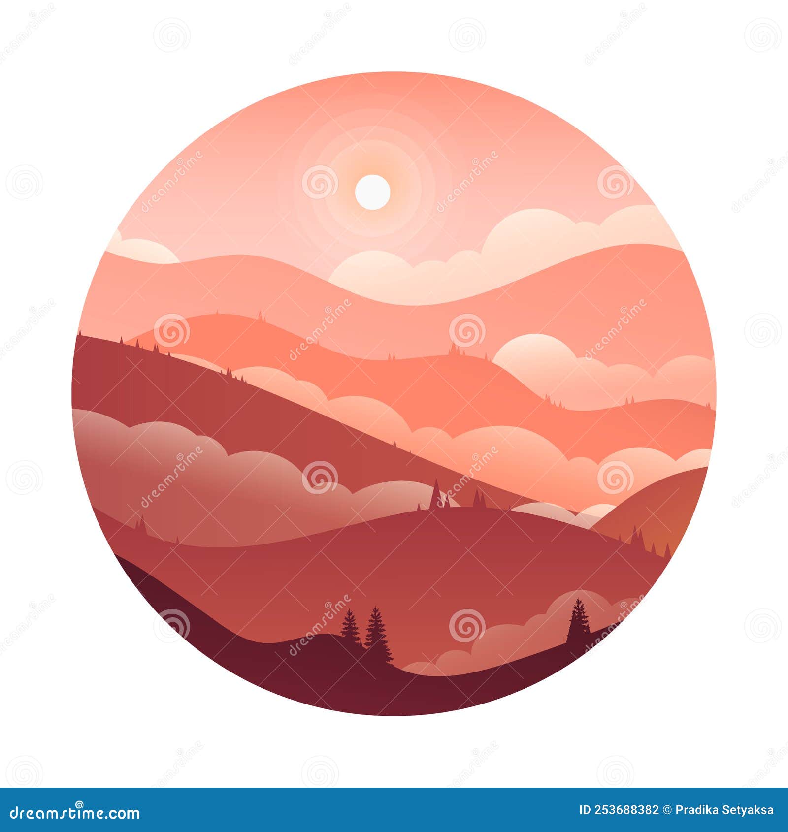 A Round Image Shape of Mountainous Scenery at Dusk or Dawn. Stock ...