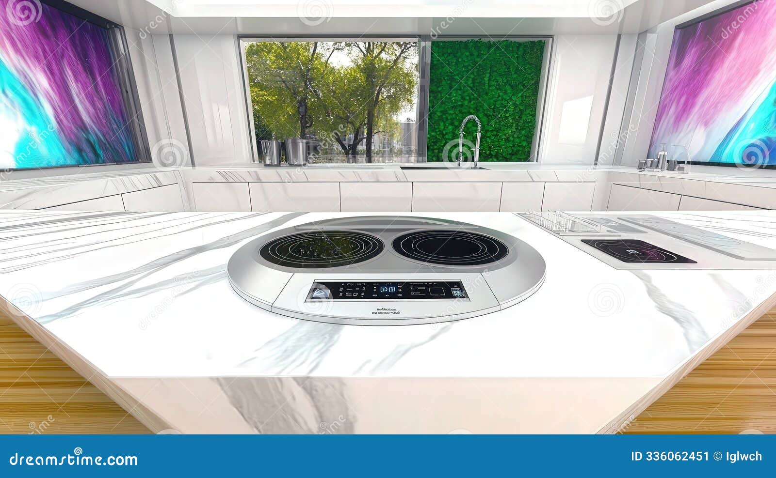 Round Induction Cooktop Isolated on White Marble Countertop with ...