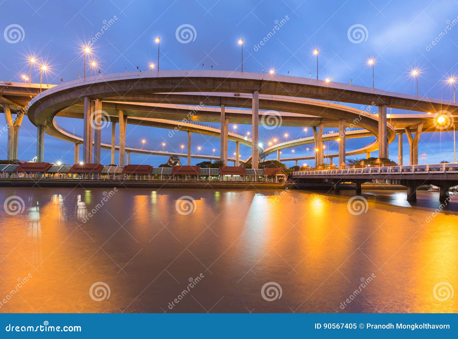 Round Intersection Highway Water Front with Blue Twilight Sky Stock ...