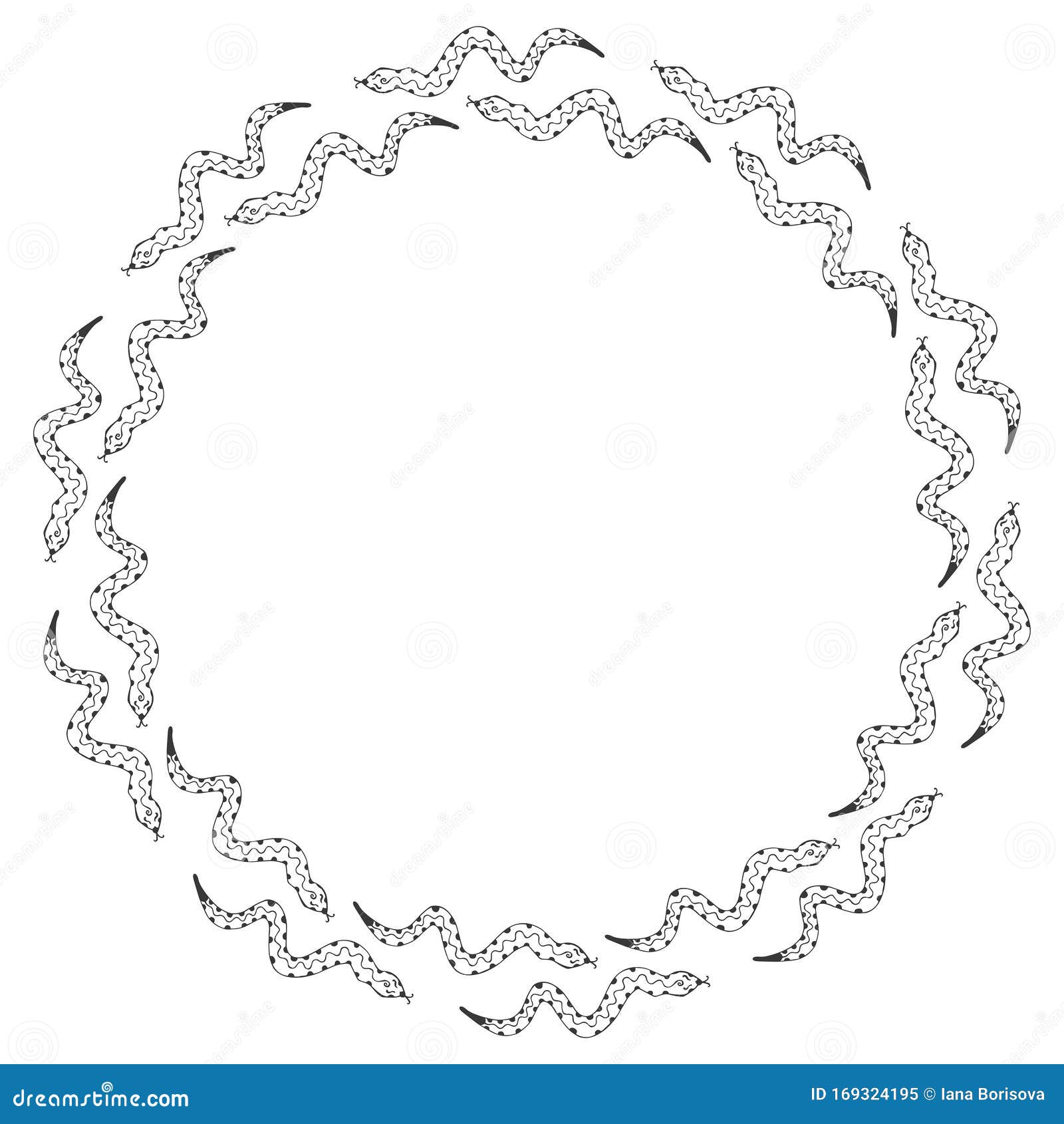 Round Isolated Black and White Frame for Text with Hand-drawn Snakes ...