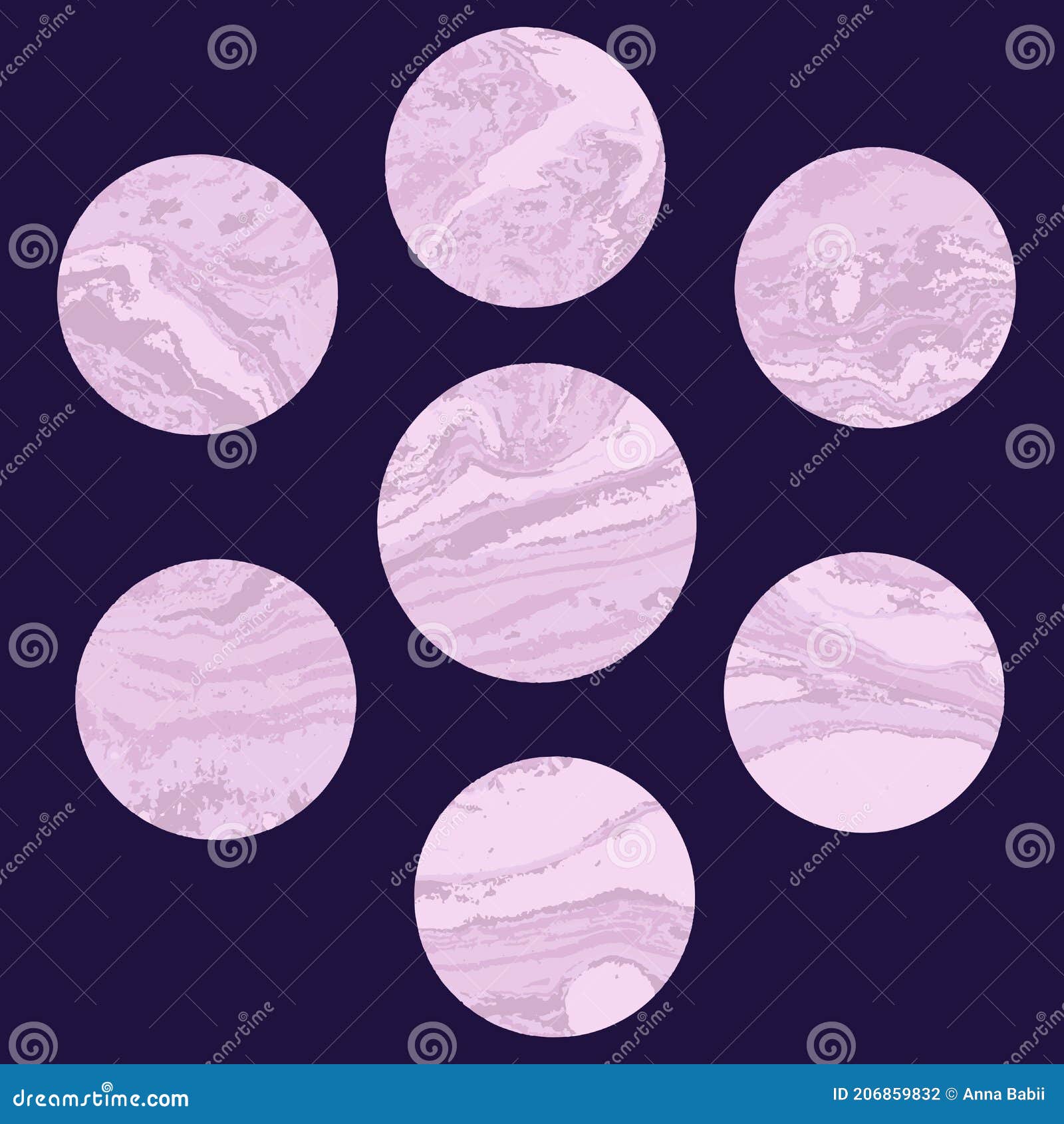 Round Light Purple Marble Pattern Texture Set. Vector Pale Illustration ...