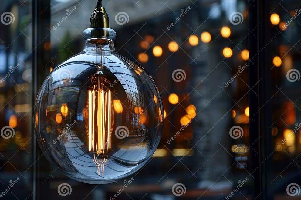 Round Lightbulb Hanging and Reflecting Warm String Lights in a Window ...