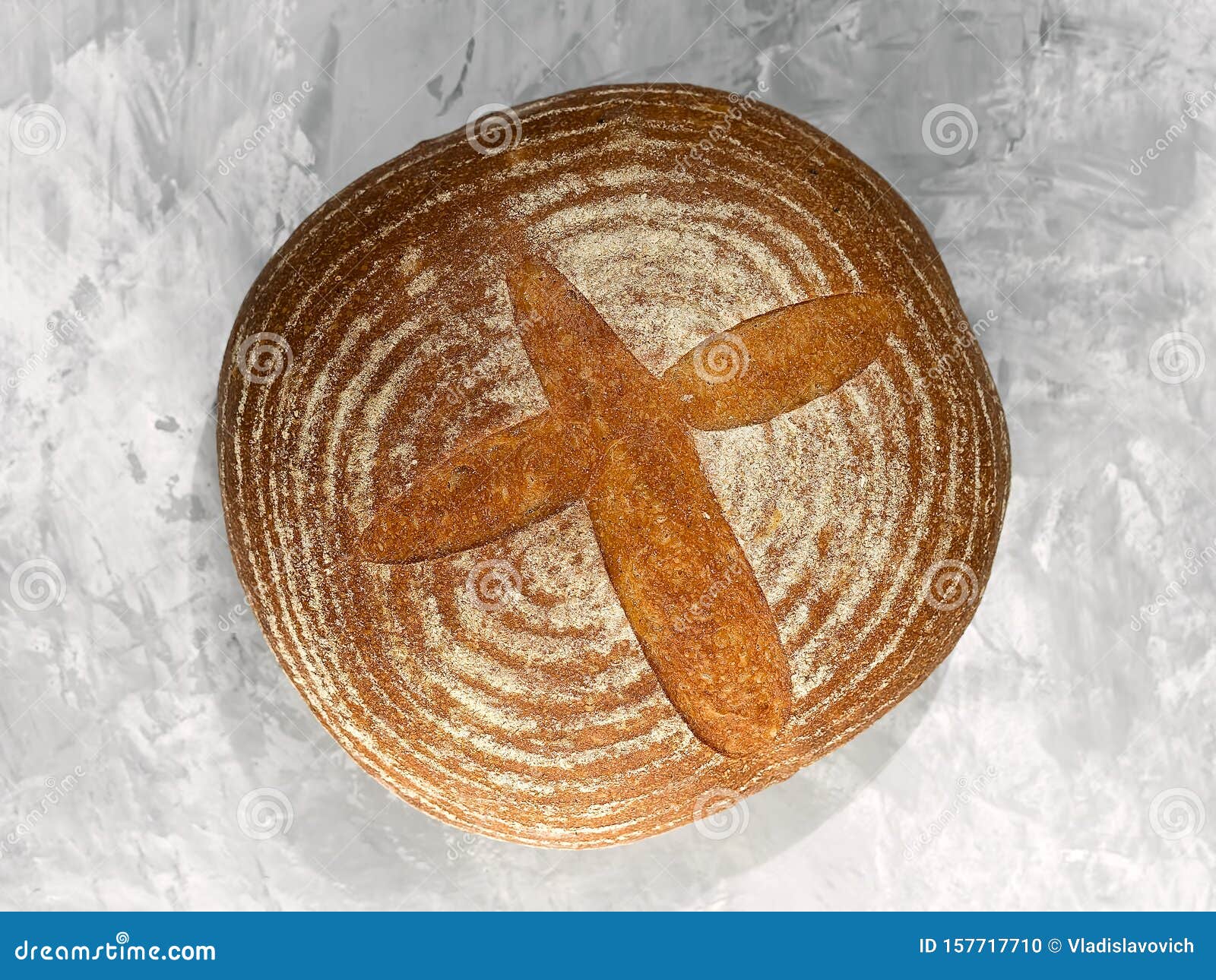 Round Loaf of Handmade Brown Bread, Top View. Isolated on Gray ...