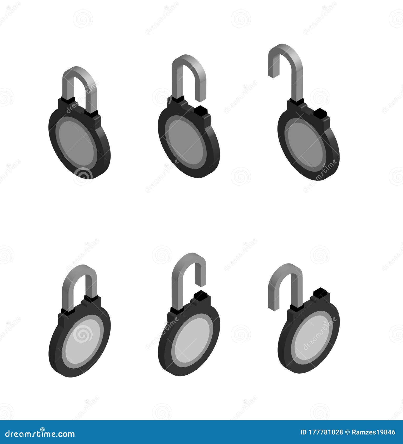 Round Locks in Open and Closed Position in Isometric on a White ...