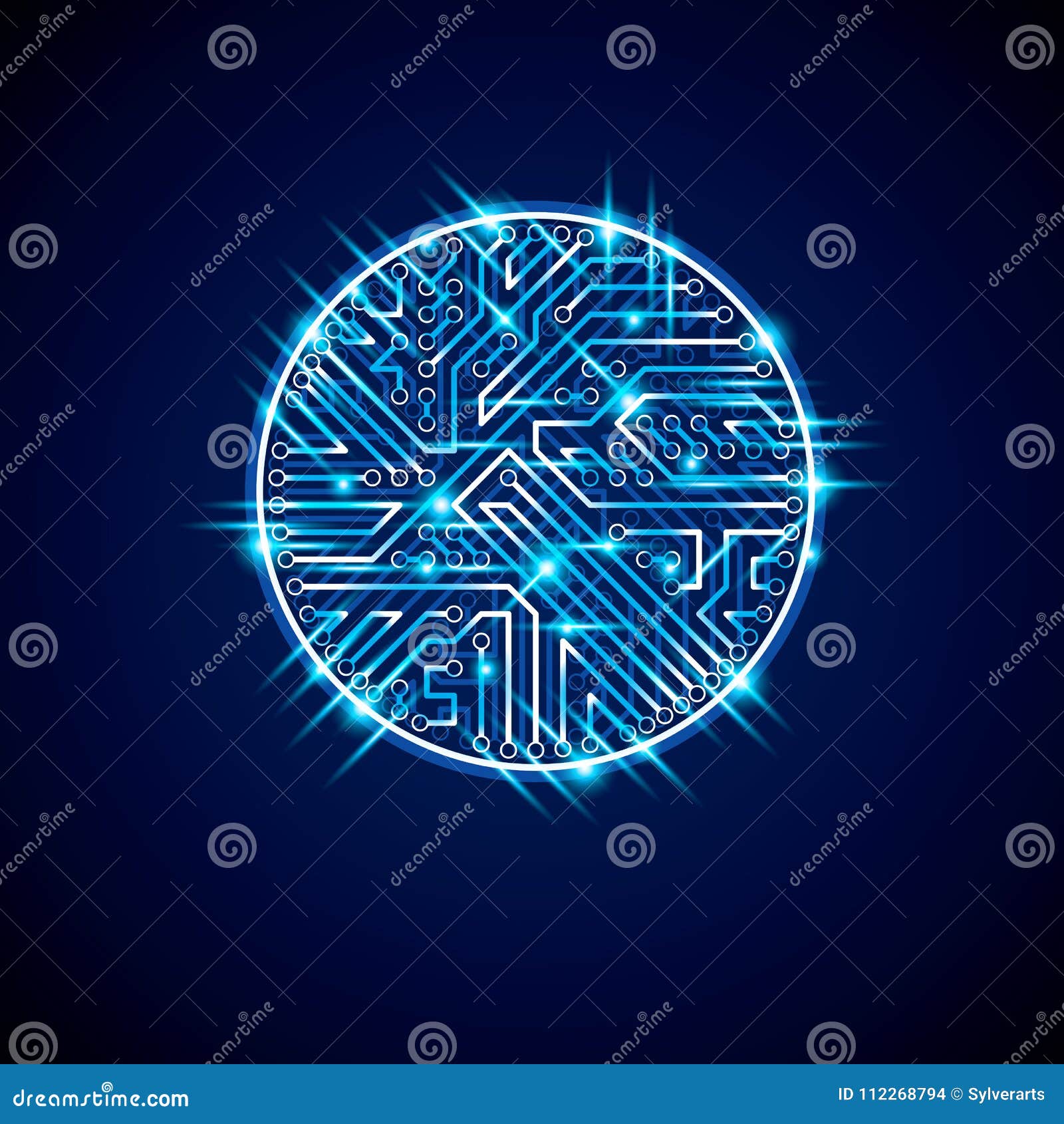 Round Luminescent Blue Circuit Board with Electronic Components Stock ...