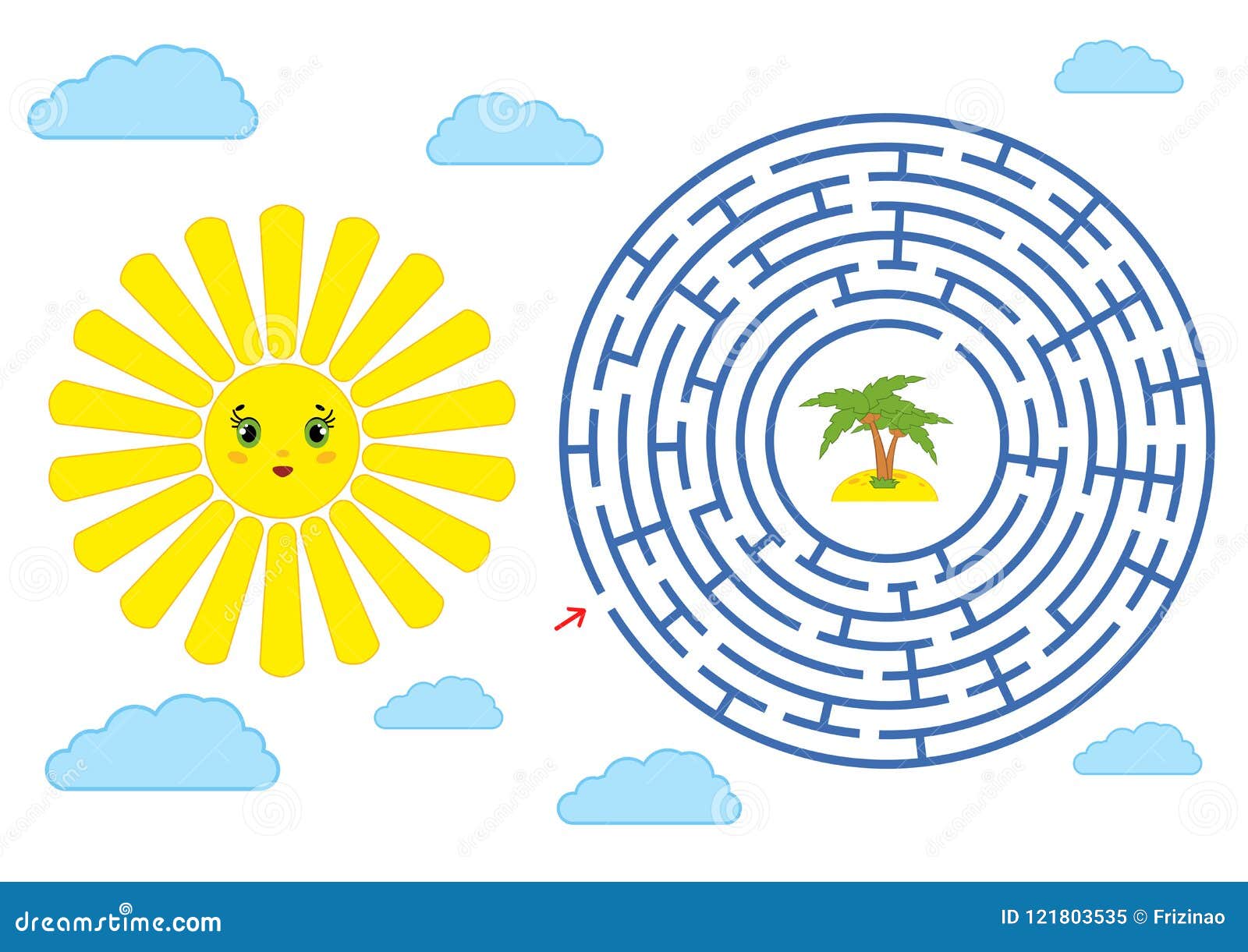 Round Maze with a Cartoon Character. Nice Sun with Clouds and Beach. an ...