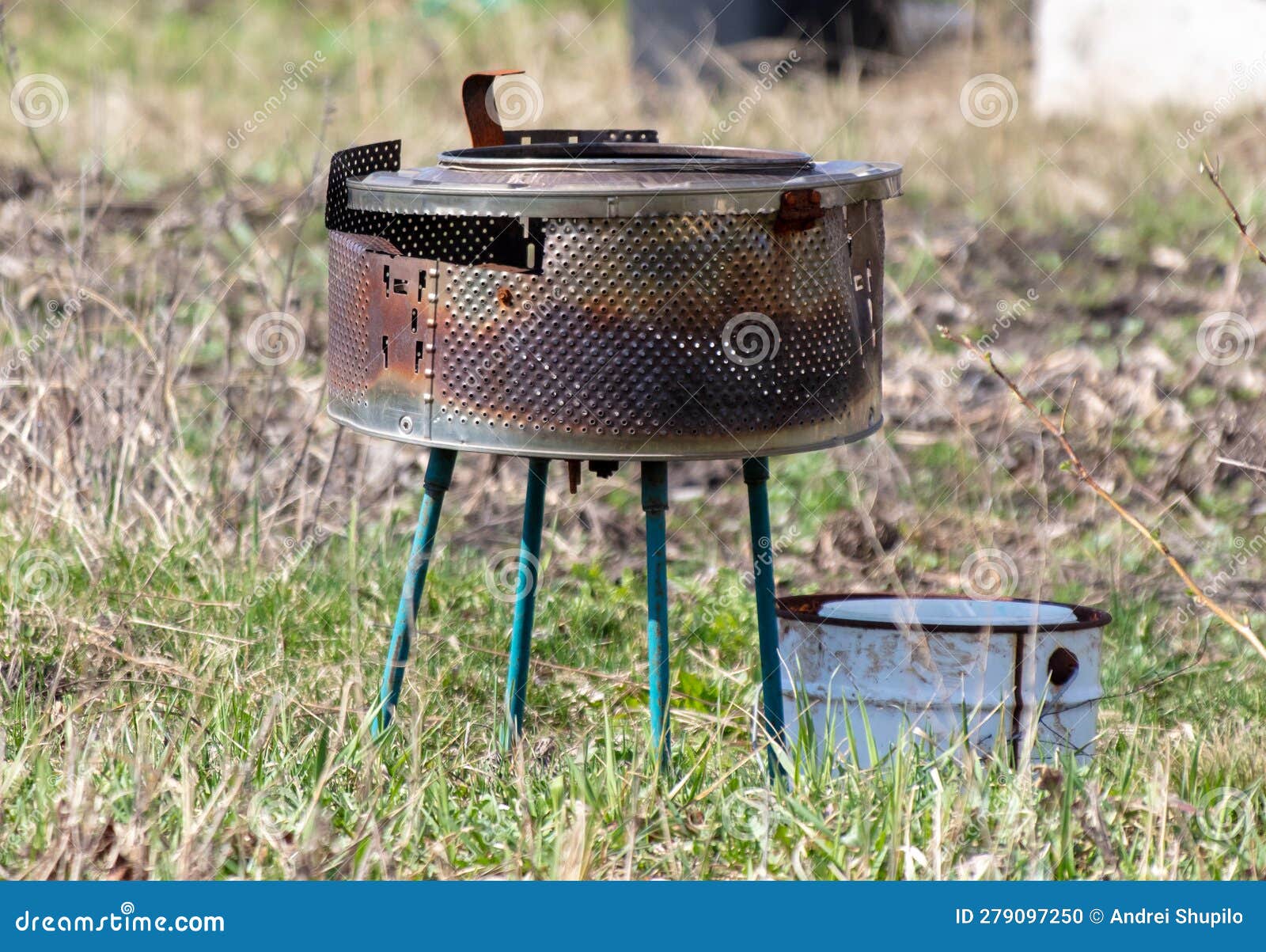 Round Metal Barbecue in Nature Stock Photo - Image of barbecue, meat ...