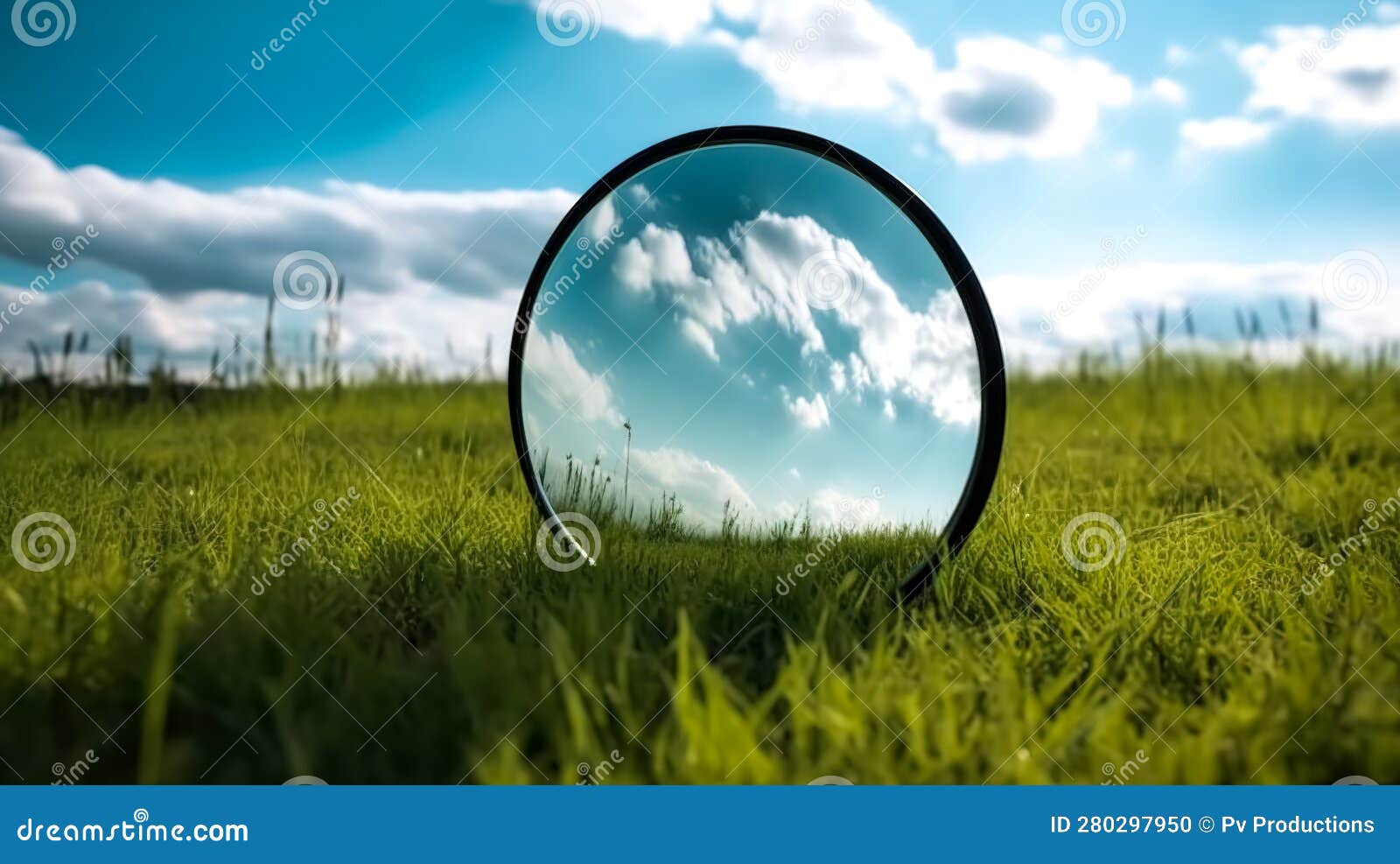 Round Mirror in a Field in the Grass with a Blue Sky, Generative AI ...