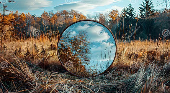 Round Mirror in a Field with Grass Reflection of Nature Stock Photo ...