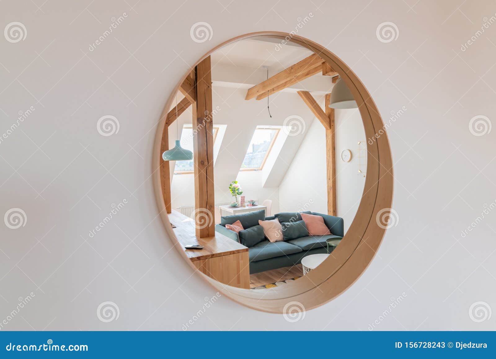 Round Mirror on the Living Room Wall Stock Image - Image of room ...