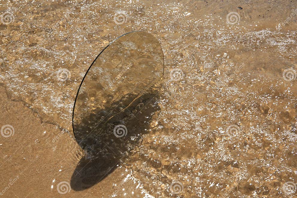 Round Mirror Reflecting Sea on Sandy Beach. Space for Text Stock Photo ...