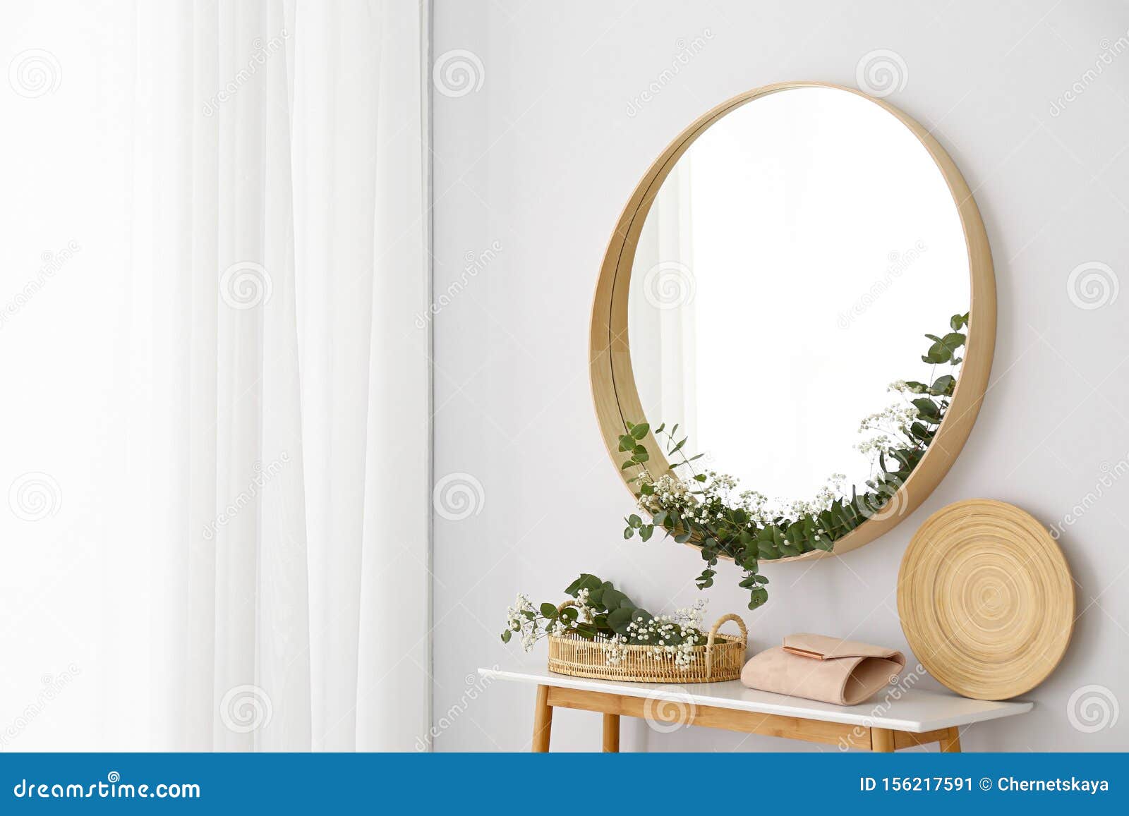 Round Mirror and Table with Accessories White Wall. Modern Interior ...