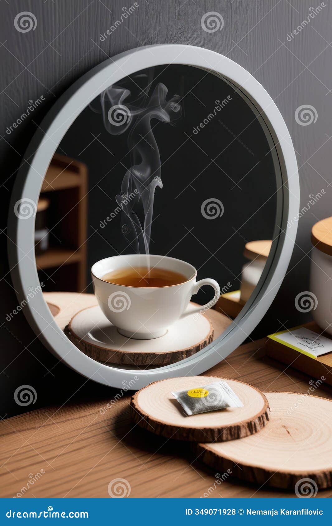 Round Mirror on Table Reflecting Tea Cup with Steam and Sugar Cubes ...